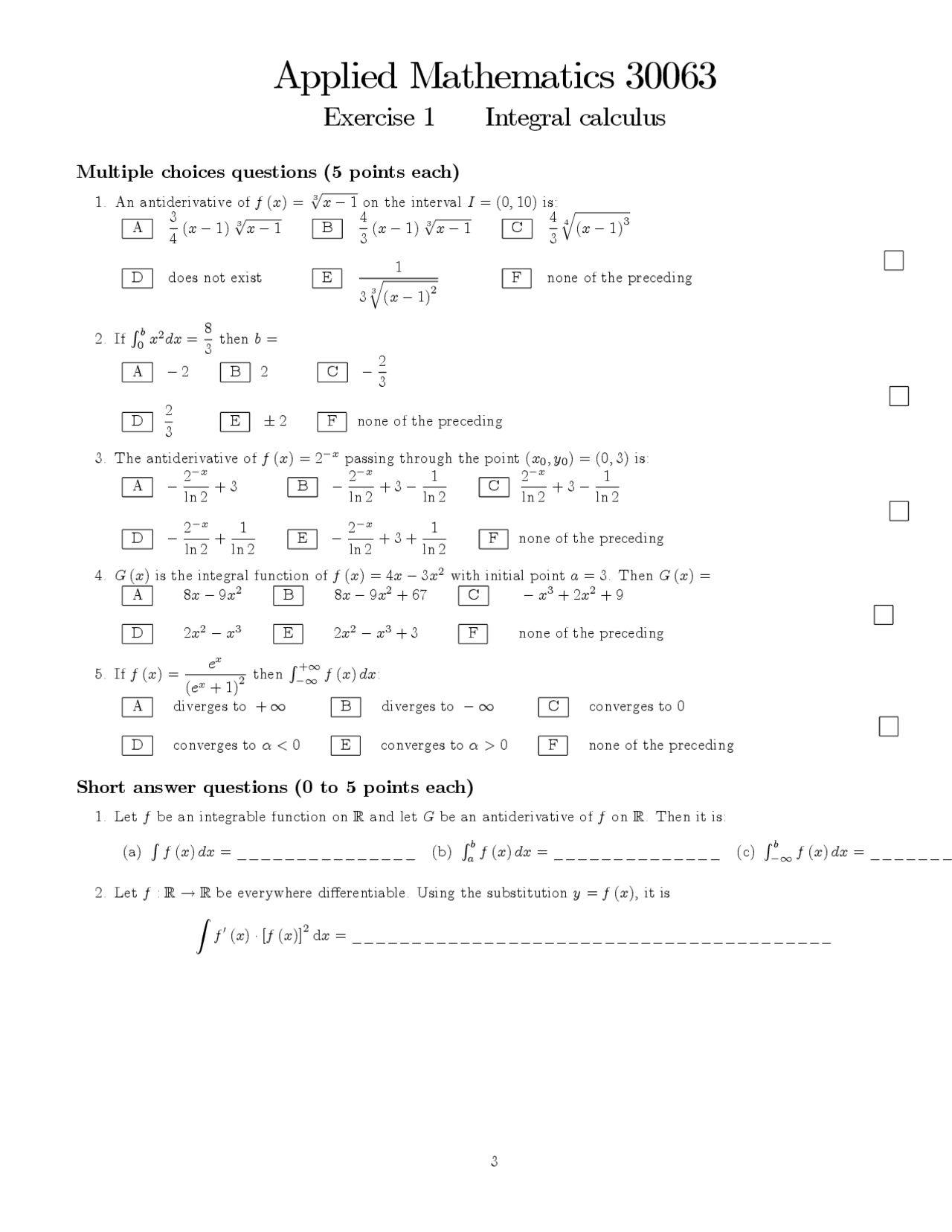 Matematica Integrali Docsity