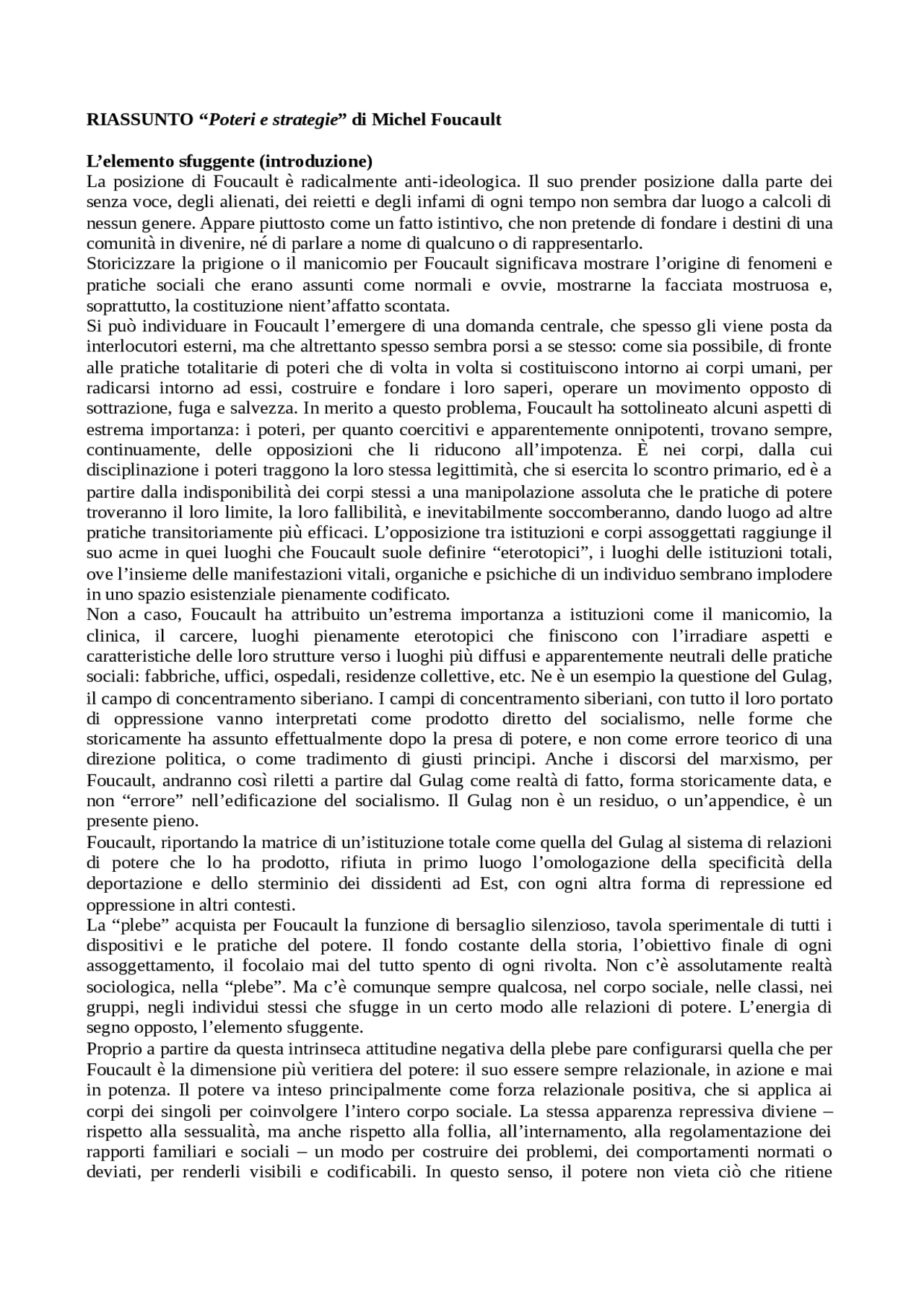 Riassunto Completo De Poteri E Strategie Di Michel Foucault Docsity