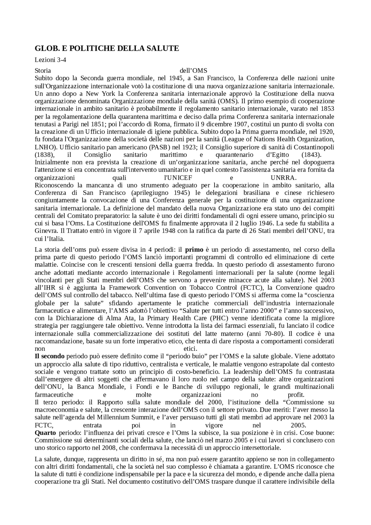 Appunti Globalizzazione E Politiche Della Salute Docsity