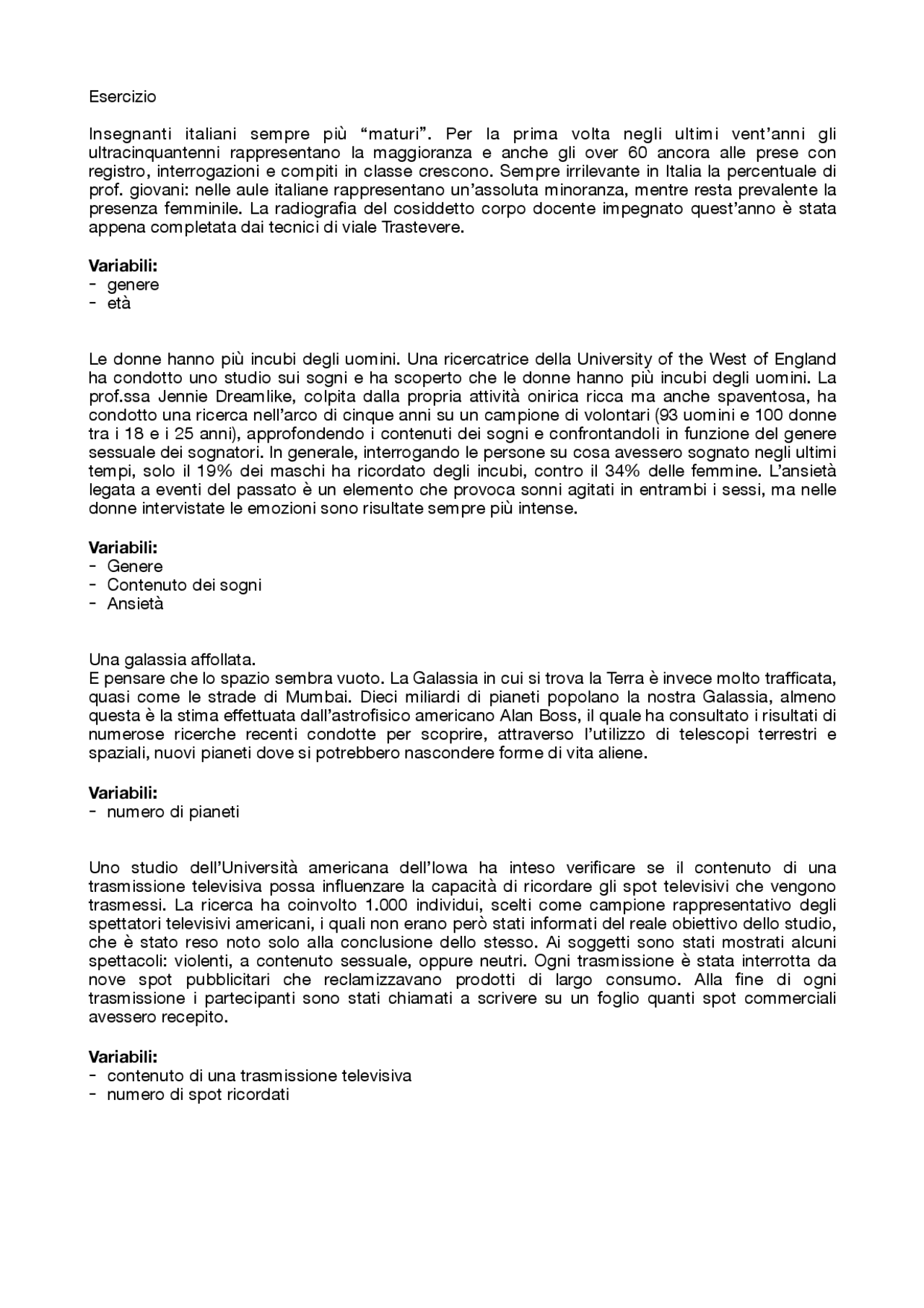 Esercizi Sulle Variabili Sociologiche E Psicologiche Docsity