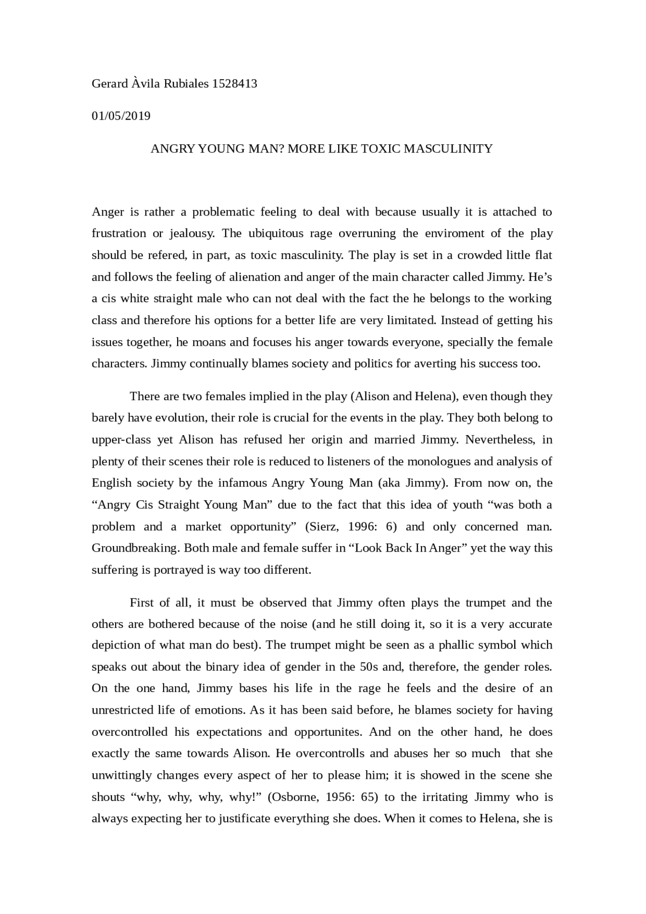 Masculinity In Look Back In Anger Docsity