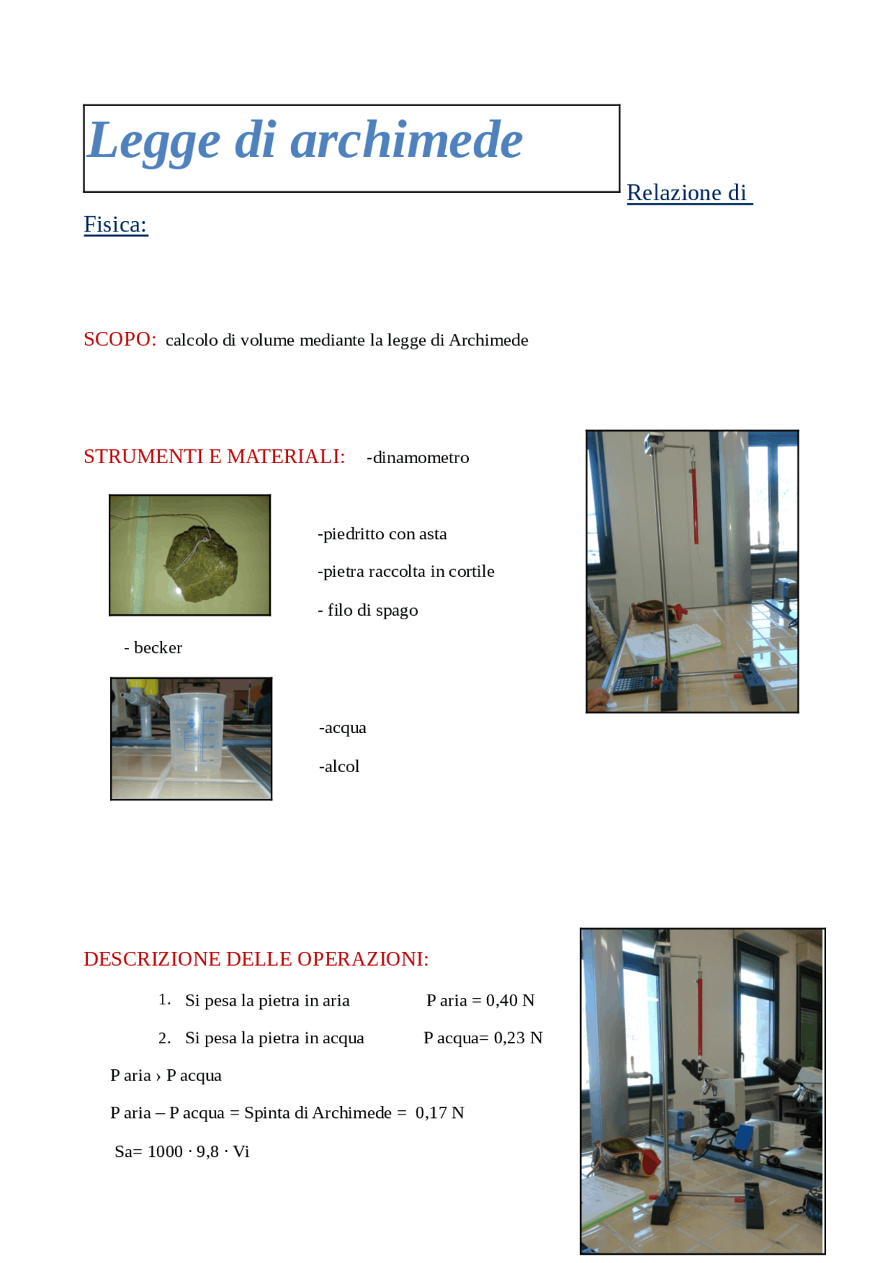 Relazione Di Fisica Sulla Legge Di Archimede Appunti Di Fisica Docsity