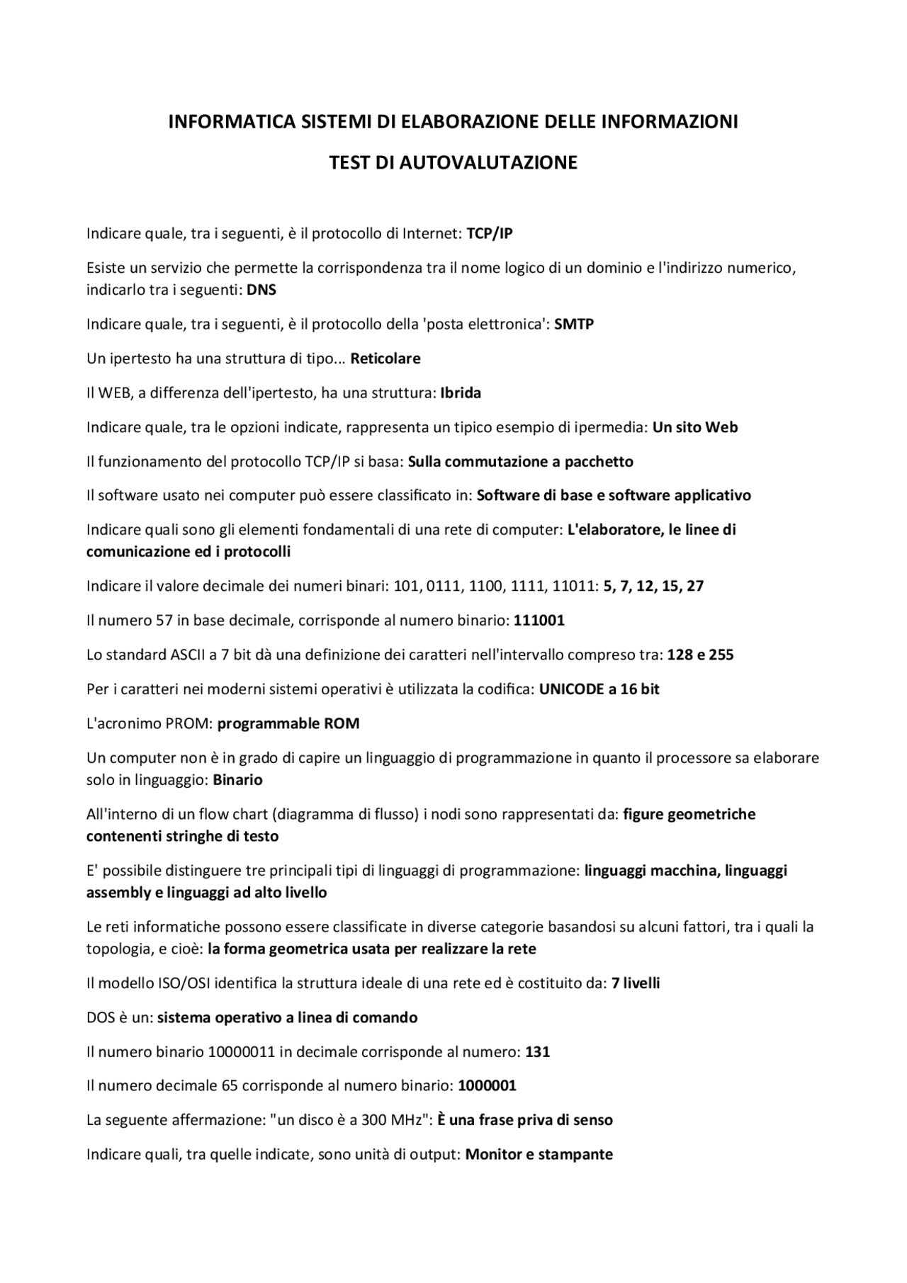 Informatica Sistemi Di Elaborazione Delle Informazioni Test Di