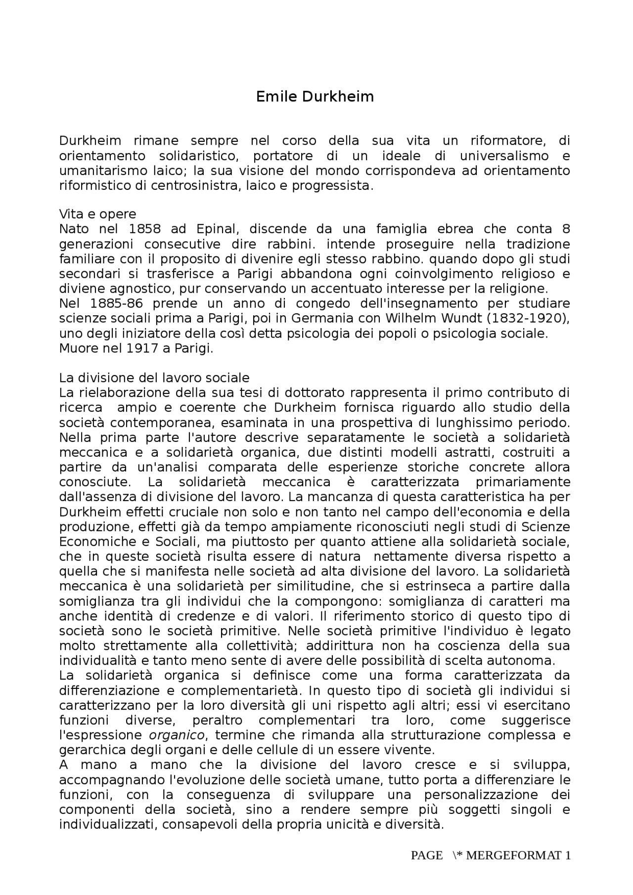 Emile Durkheim Classico Di Sociologia Docsity
