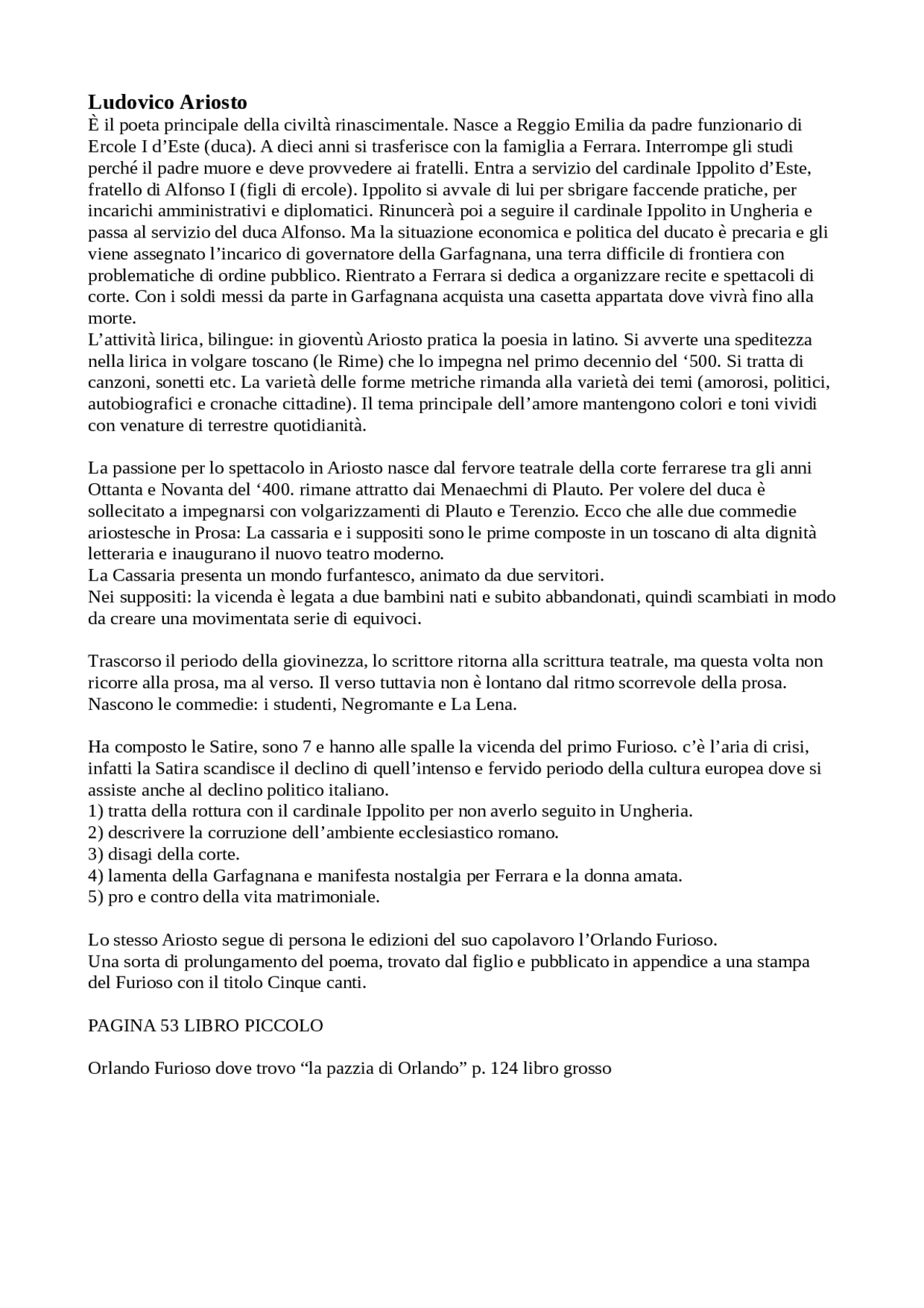 Ludovico Ariosto Riassunto Capitolo Del Libro Gino Tellini Docsity