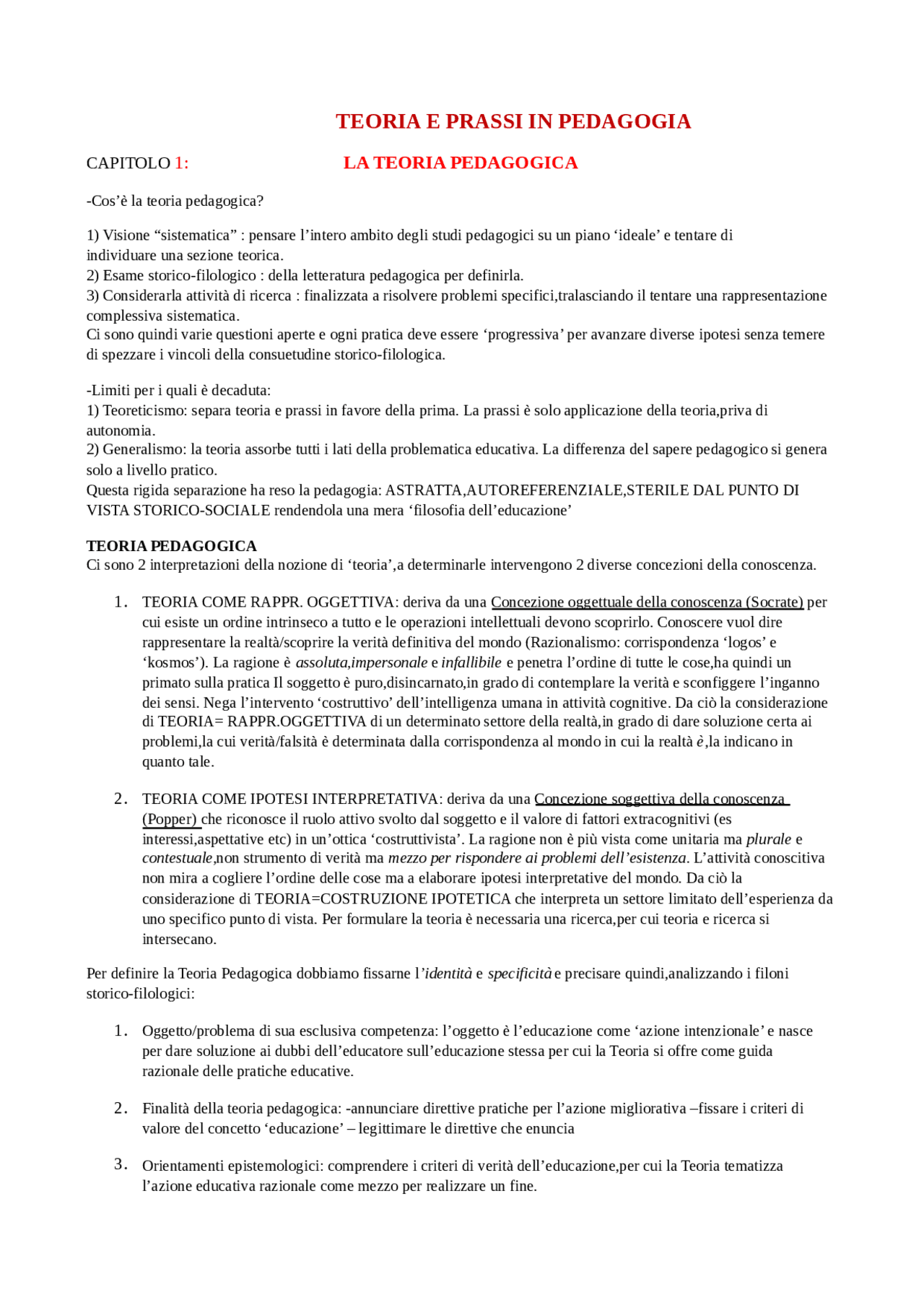 Teoria E Prassi Della Pedagogia Docsity