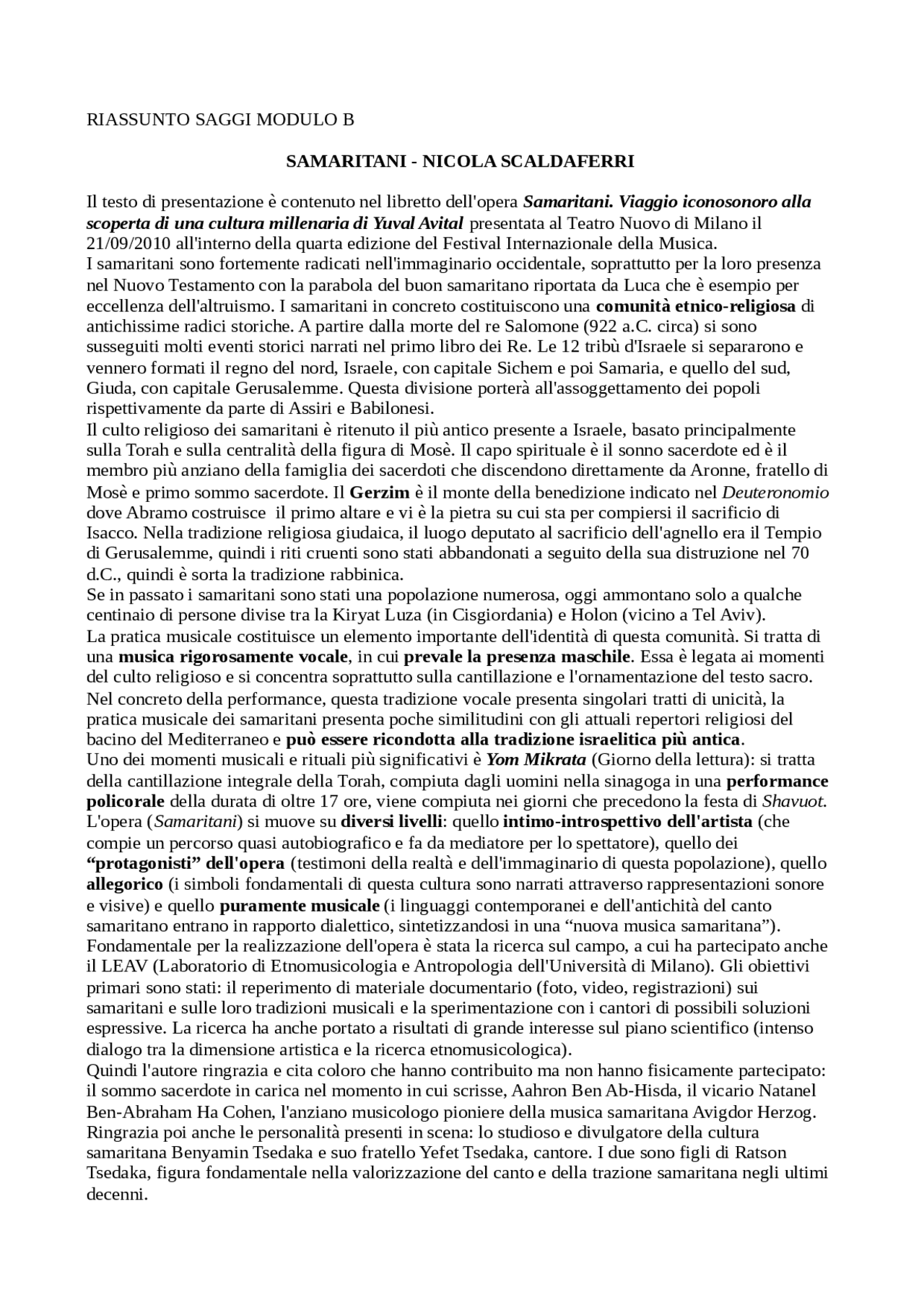 Riassunto Saggi Etnomusicologia Modulo B Docsity