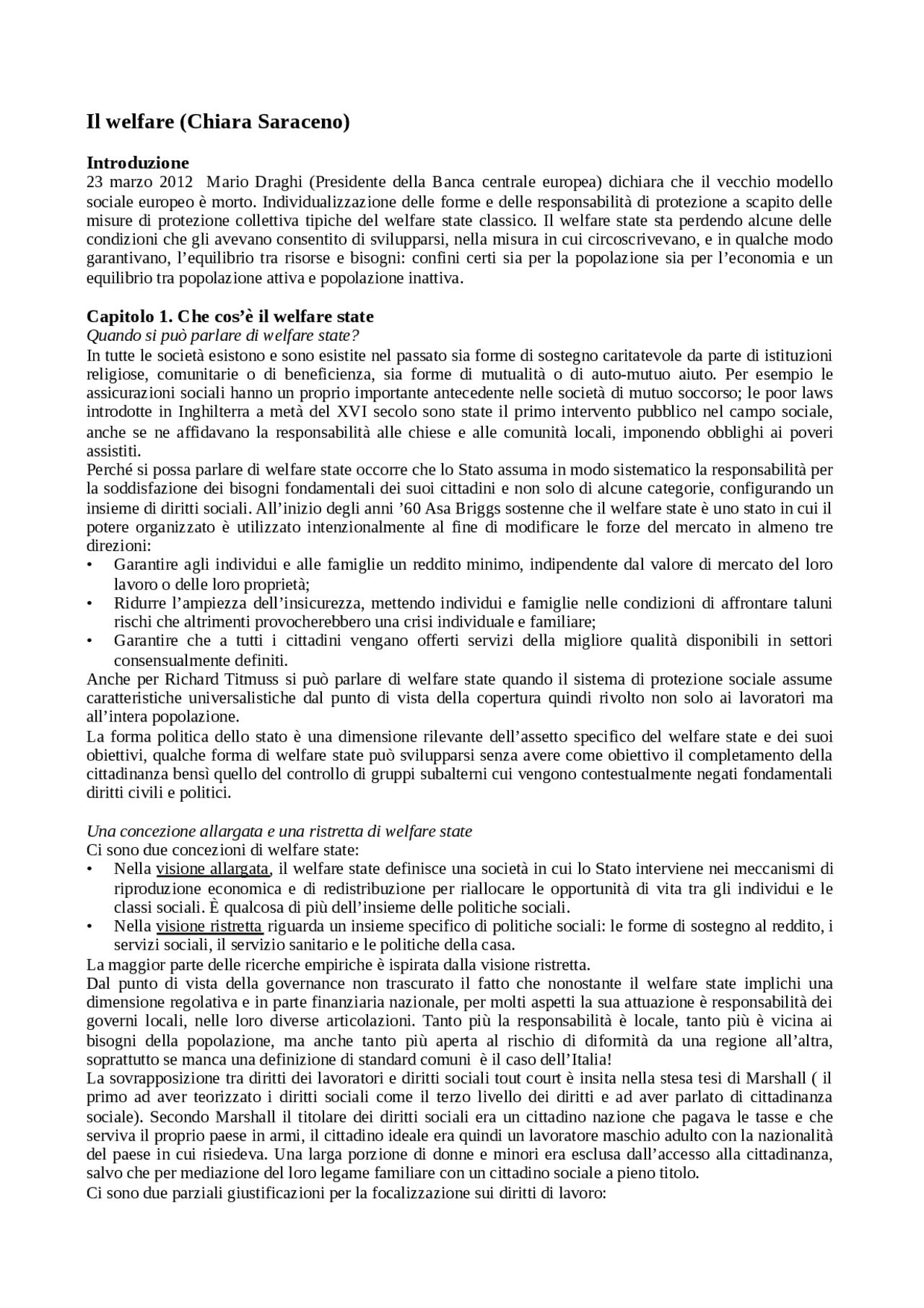 Il Welfare Di Chiara Saraceno Docsity