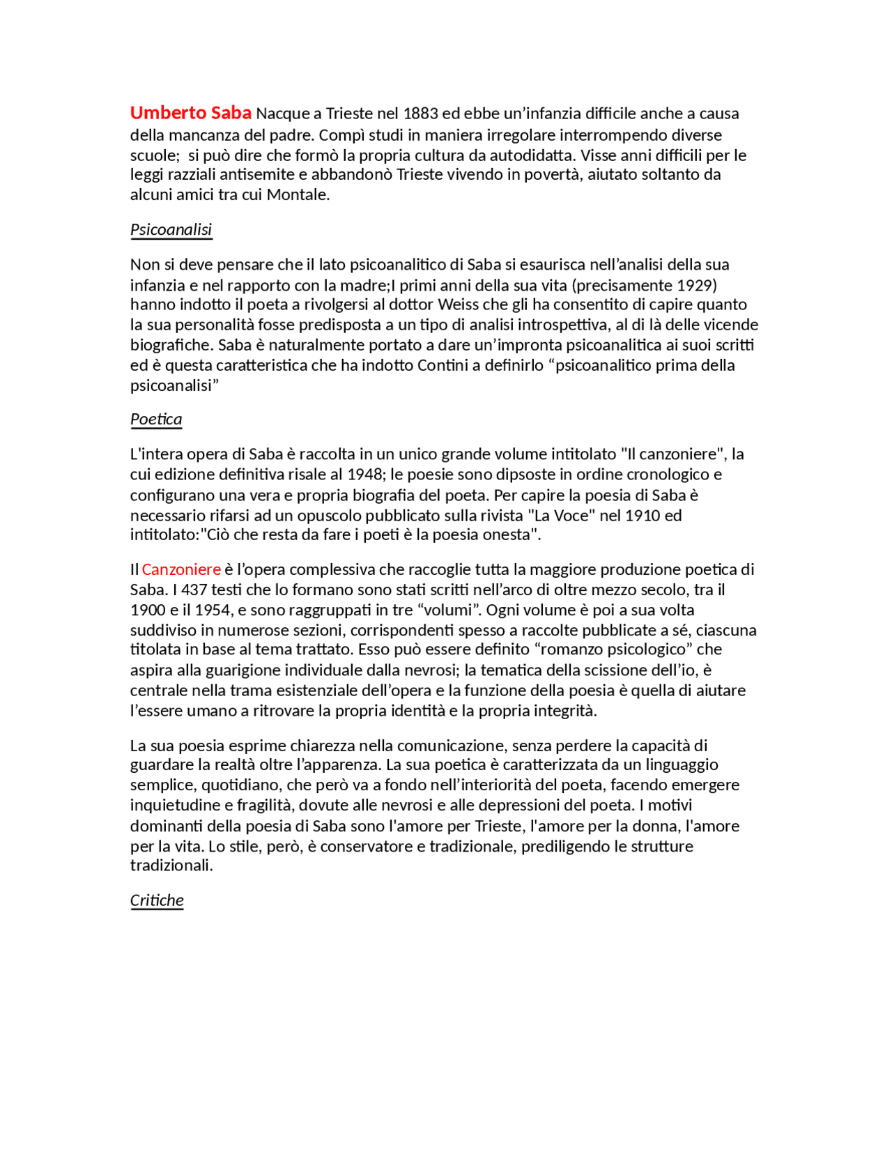 Umberto Saba Vita Psicoanalisi E Opere Docsity