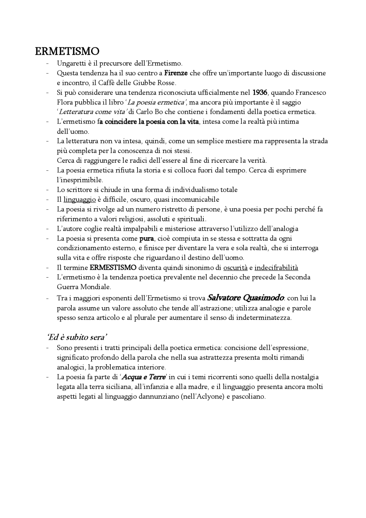 Quasimodo E Ermetismo Docsity