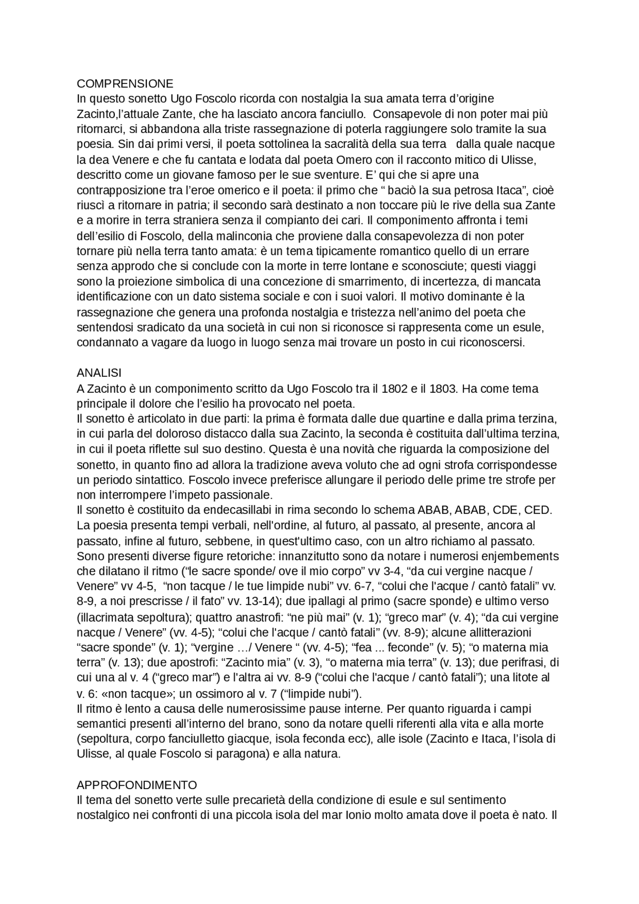 Ugo Foscolo A Zacinto Appunti Di Italiano Docsity