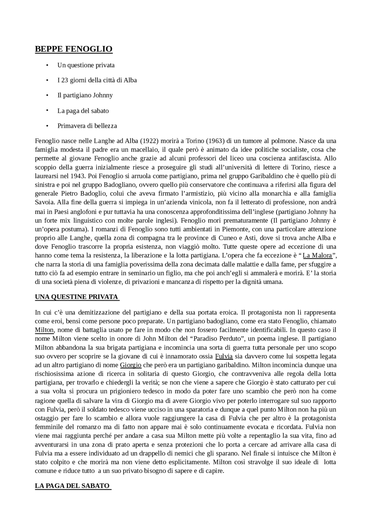 Appunti Su Beppe Fenoglio Docsity