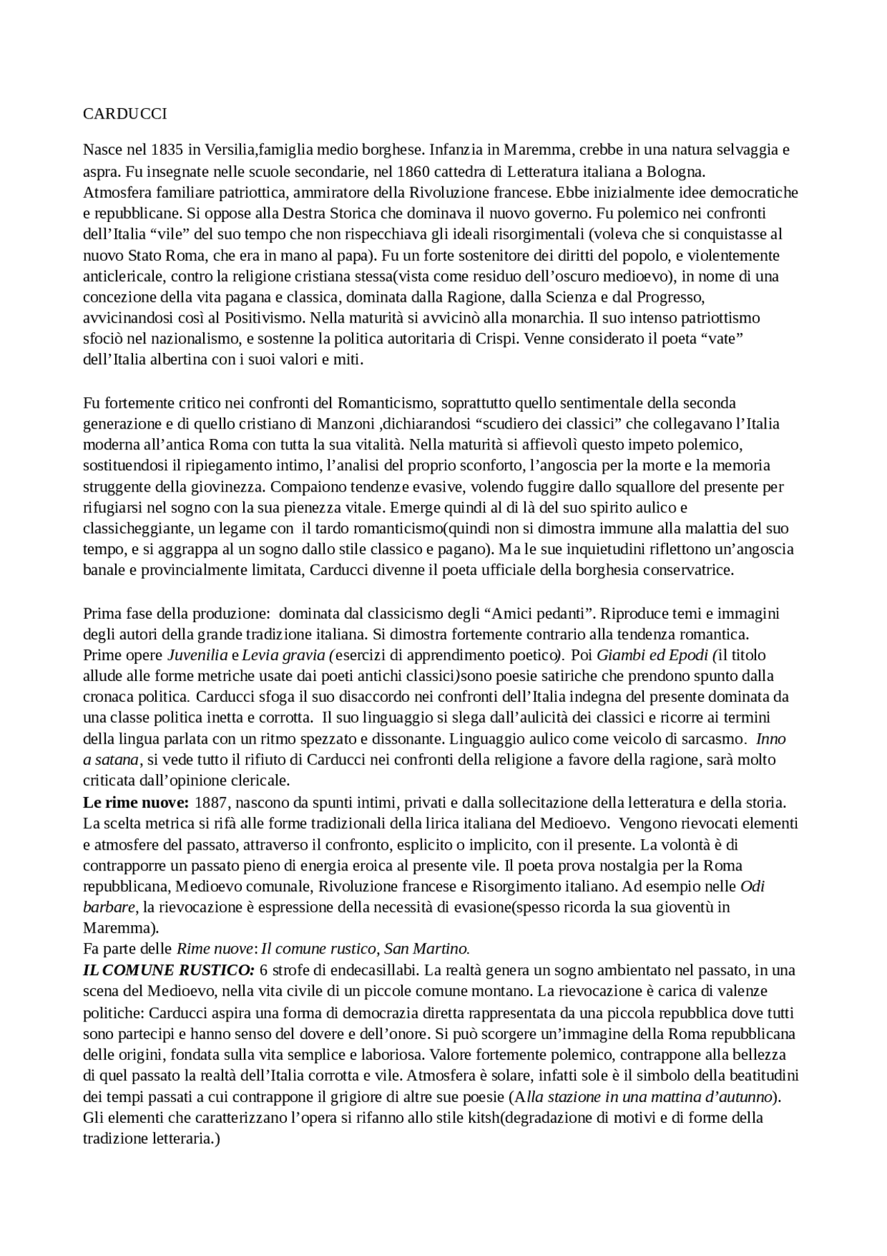 Carducci Vita E Opere Docsity