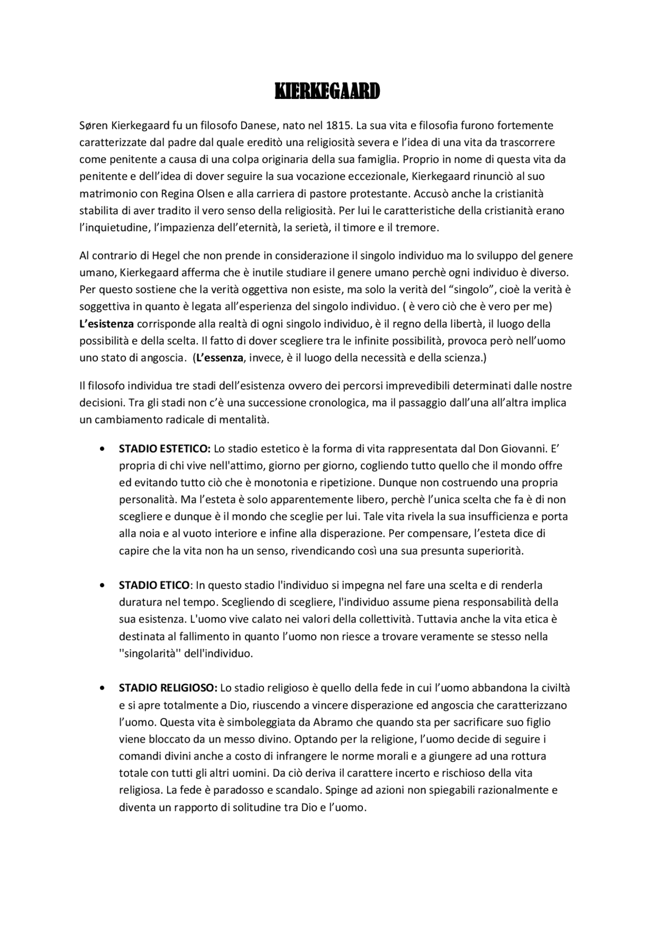 Un Breve Riassunto Del Pensiero Kierkegaard E Freud Docsity