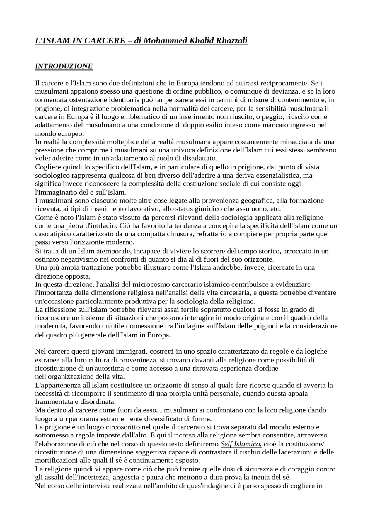 Lislam In Carcere Lesperienza Religiosa Rhazzali Docsity
