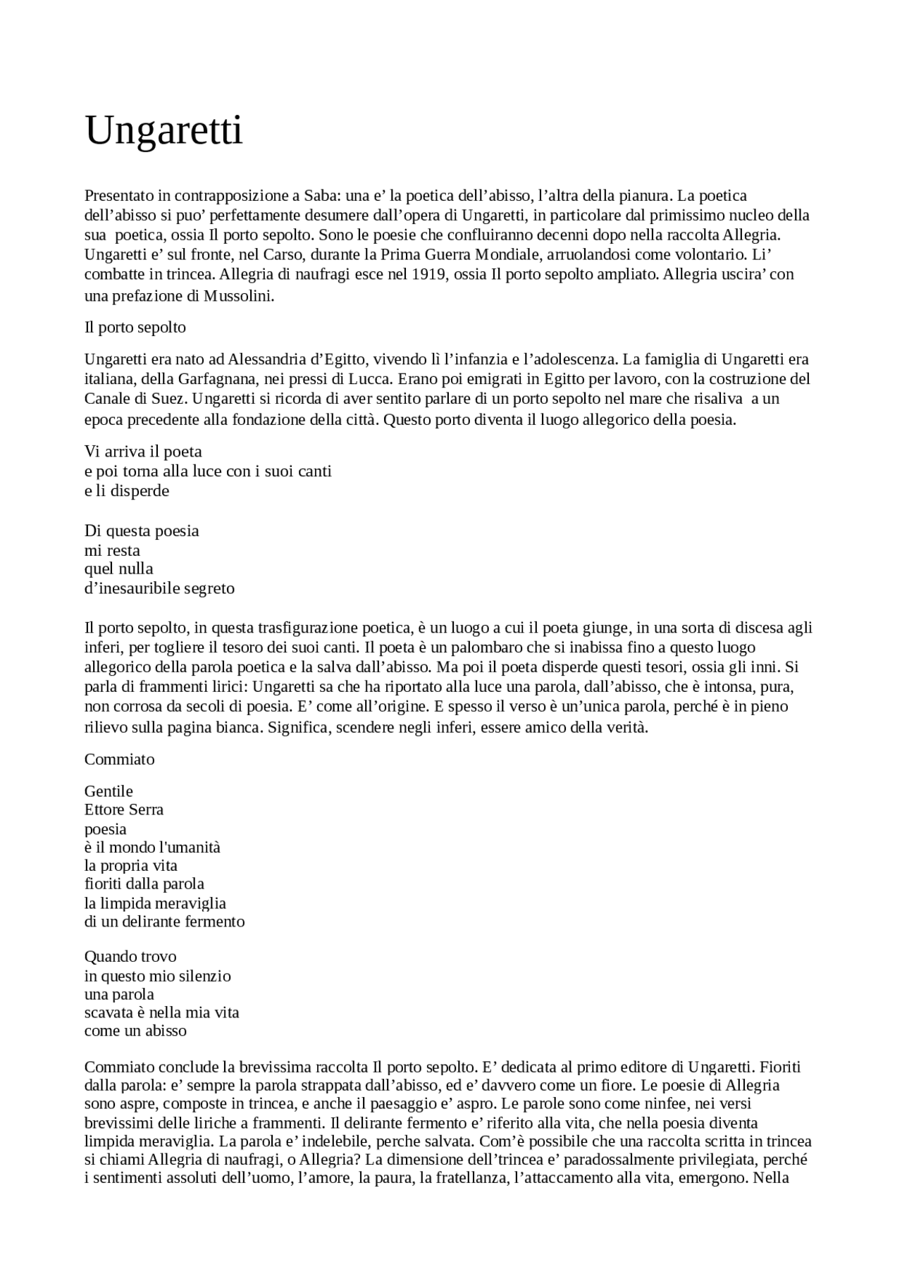 Ungaretti Vita Opere E Poesie Docsity