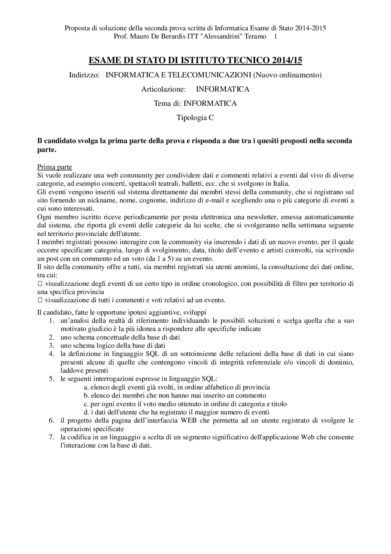 Prova Desame 2015 Informatica Prove Desame Di Informatica Docsity