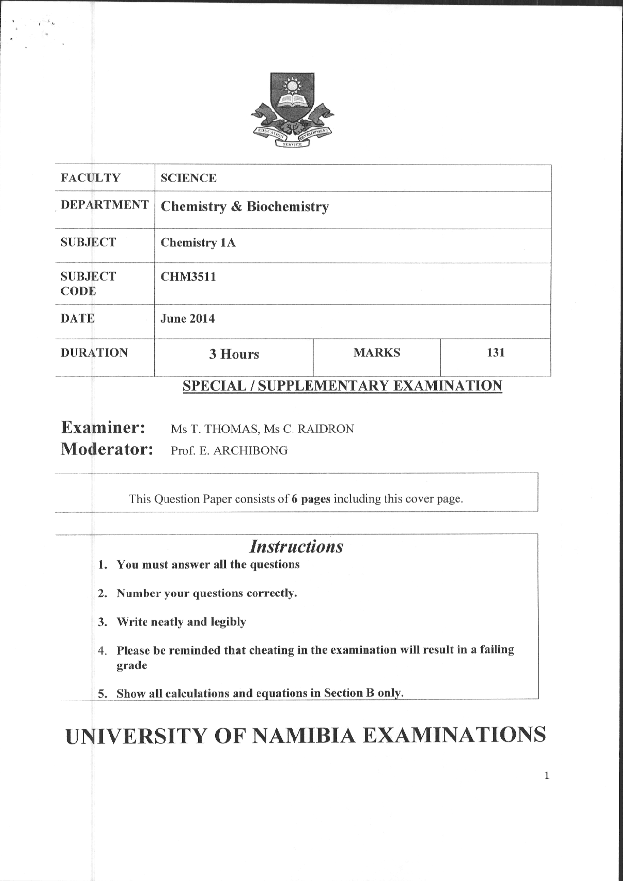 Exam Question Paper Chemestry 1a Docsity