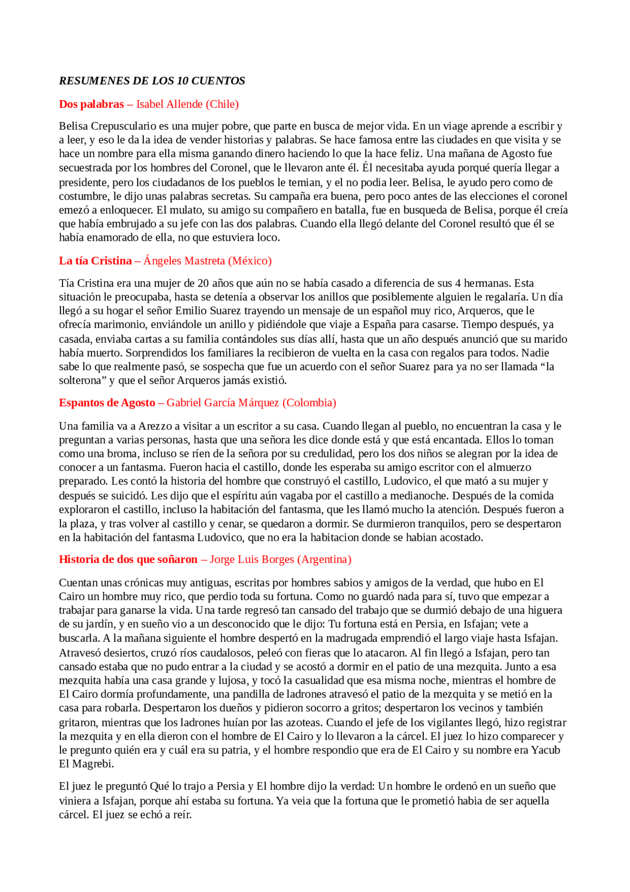 Spagnolo 1 Lettorato Riassunto Di 10 Racconti Docsity