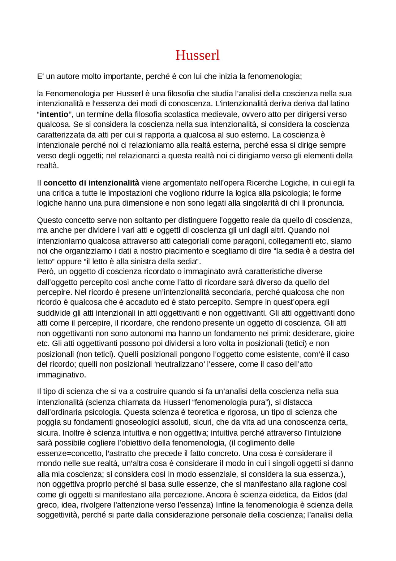 Husserl E La Fenomenologia Docsity