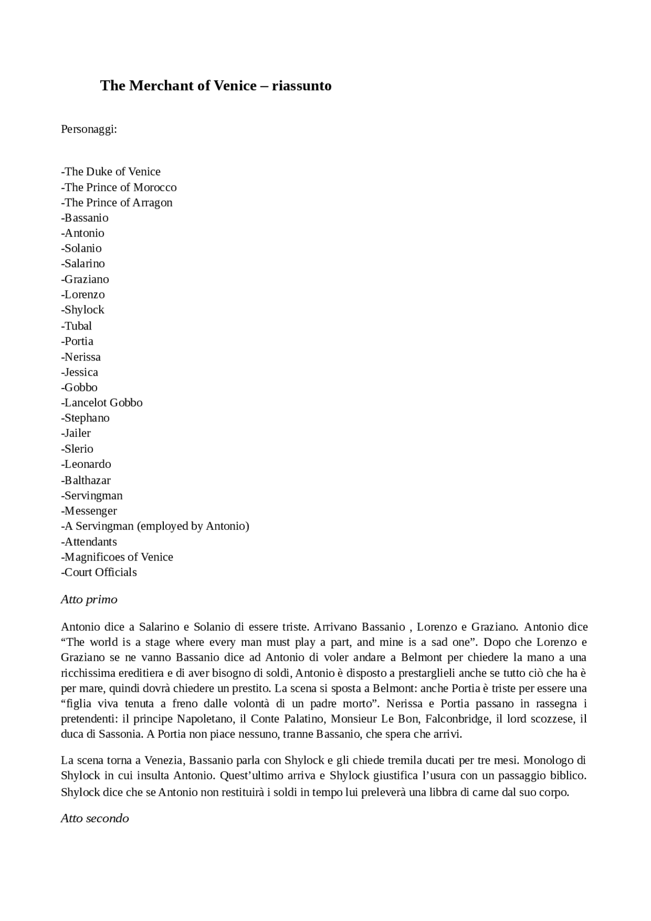 Riassunto De Il Mercante Di Venezia E Di Amleto Shakespeare Docsity