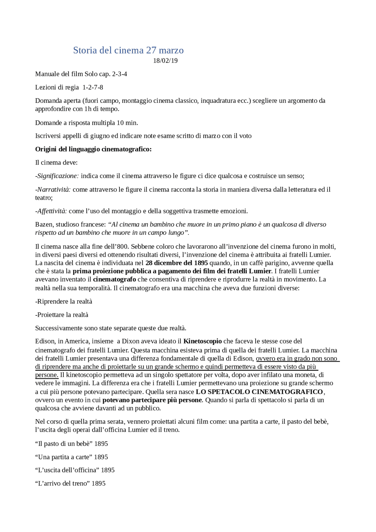 Storia Del Cinema Modulo 1 Notes De Storia Del Cinema Docsity