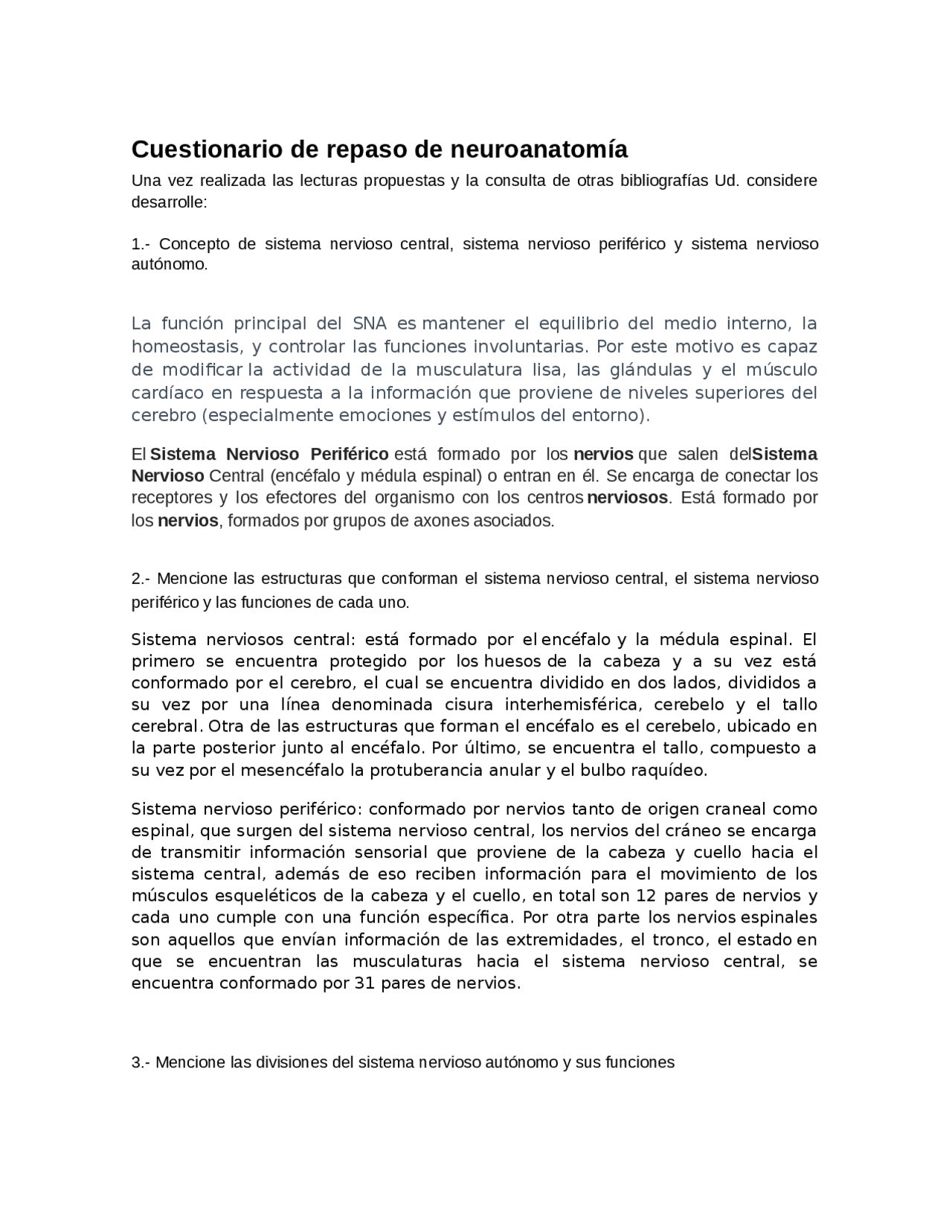 Cuestionario De Repaso De Neuroanatomia Docsity