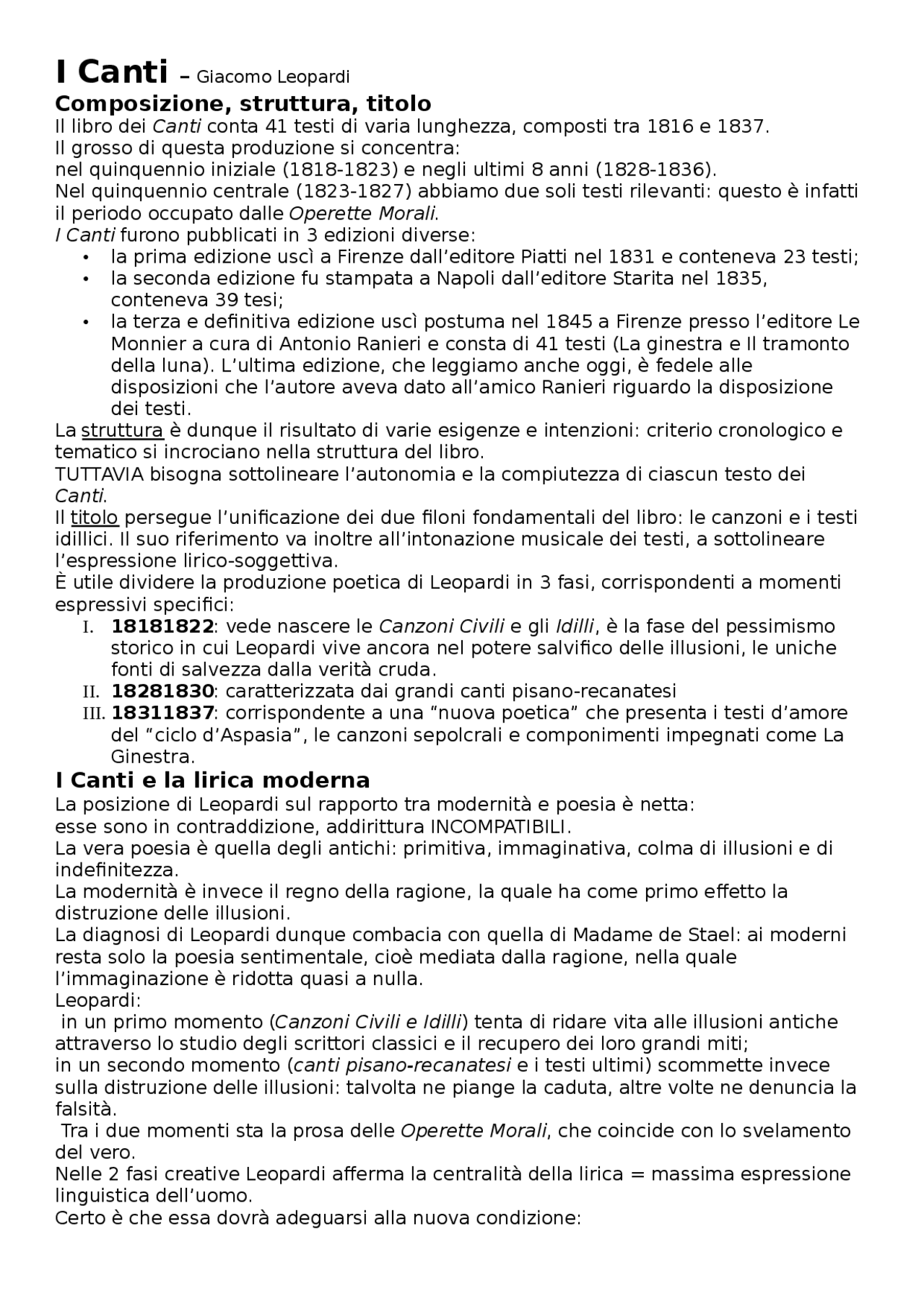 I Canti Giacomo Leopardi Docsity