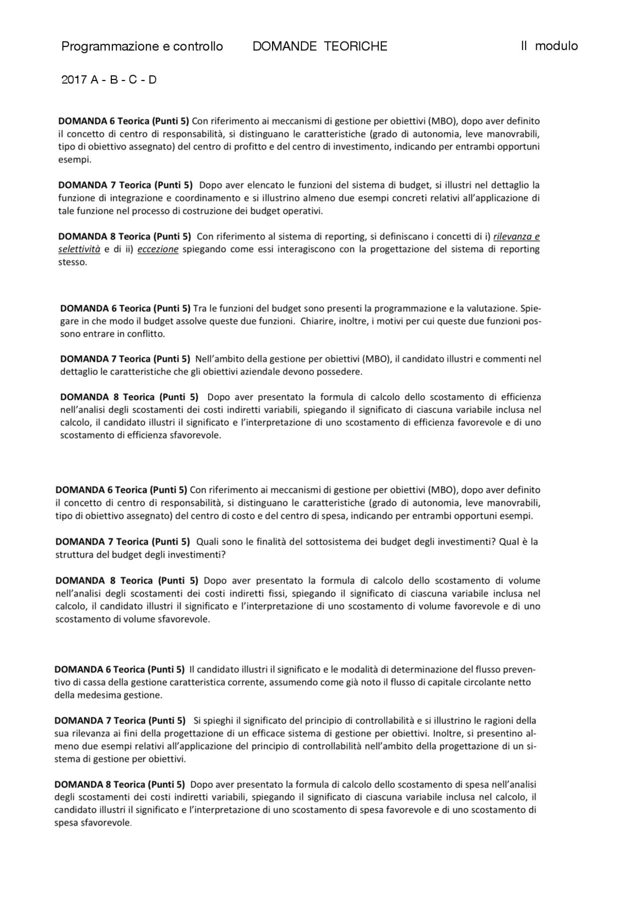 Domande E Risposte Teoriche Secondo Modulo Programmazione E Controllo