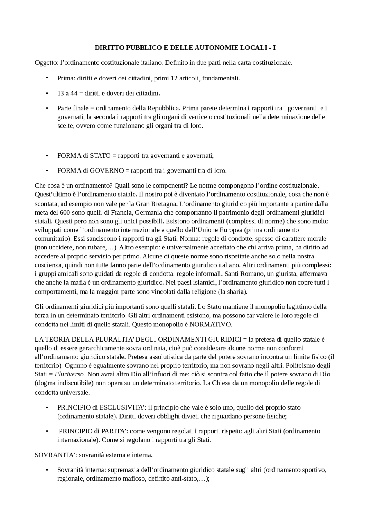 Appunti Diritto Pubblico E Delle Autonomie Locali Parte I Prof