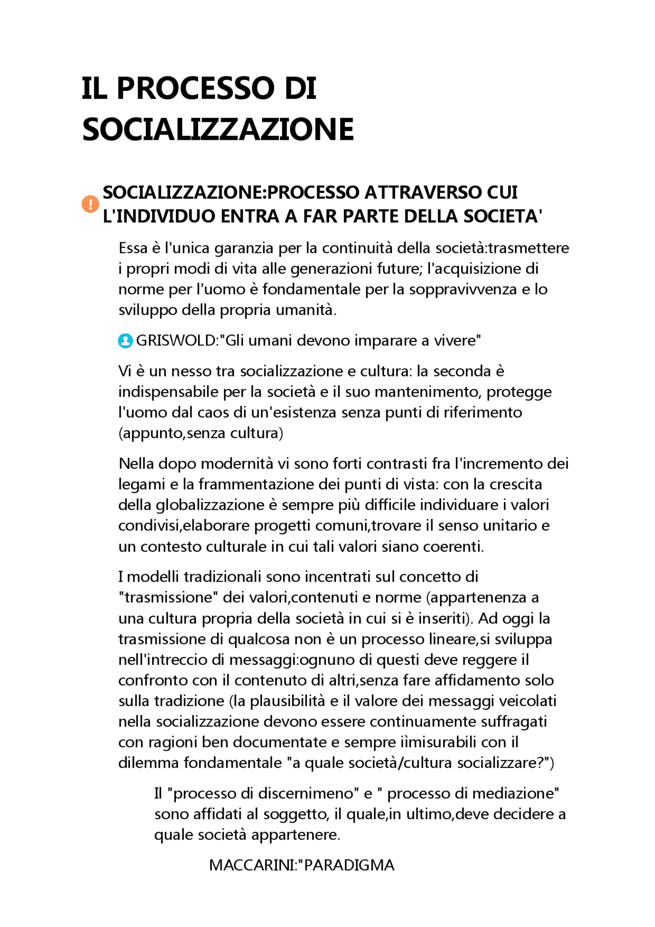 LA SOCIOLOGIA E IL PROCESSO DI SOCIALIZZAZIONE - Docsity