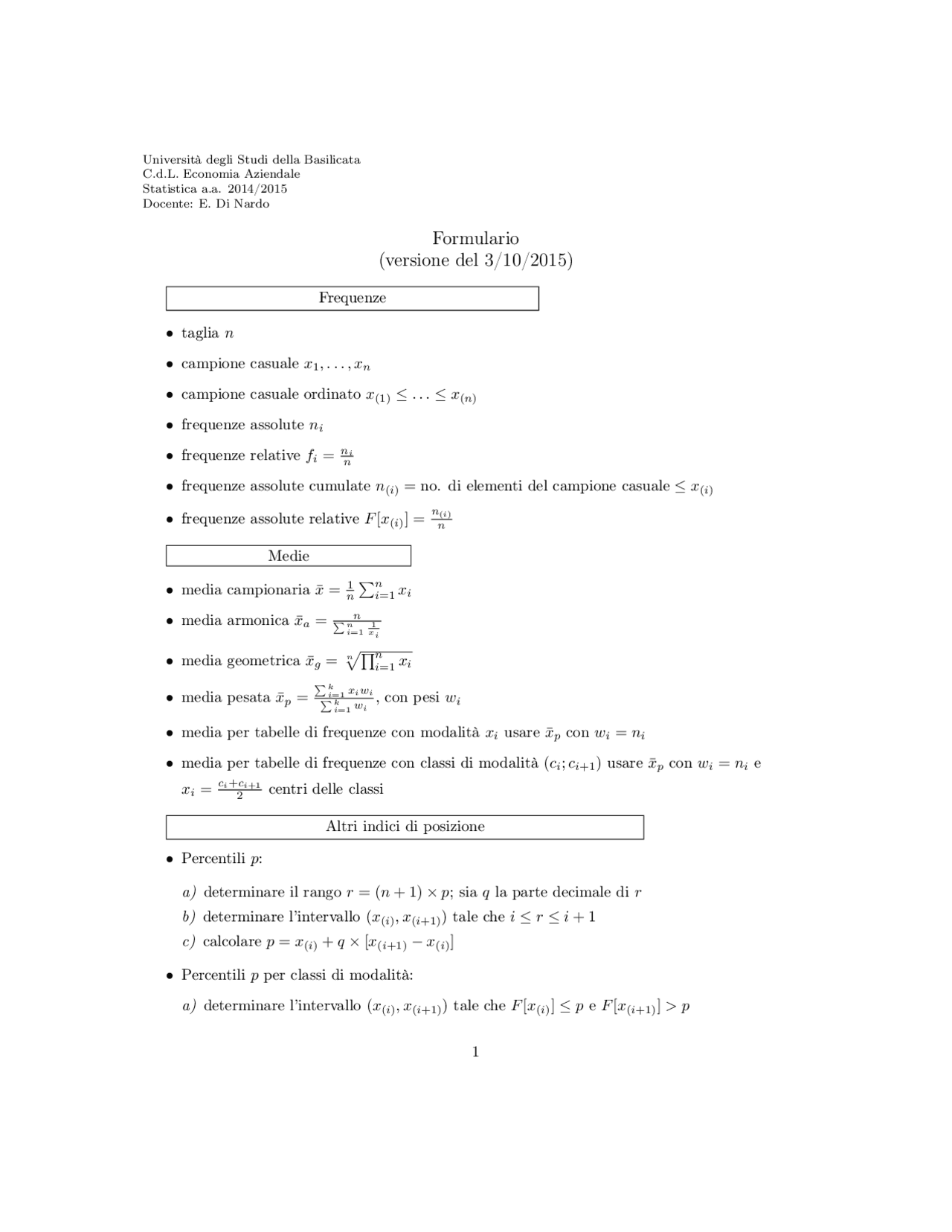 FORMULE ESAME STATISTICA + TAVOLE DISTRIBUZIONI - Docsity