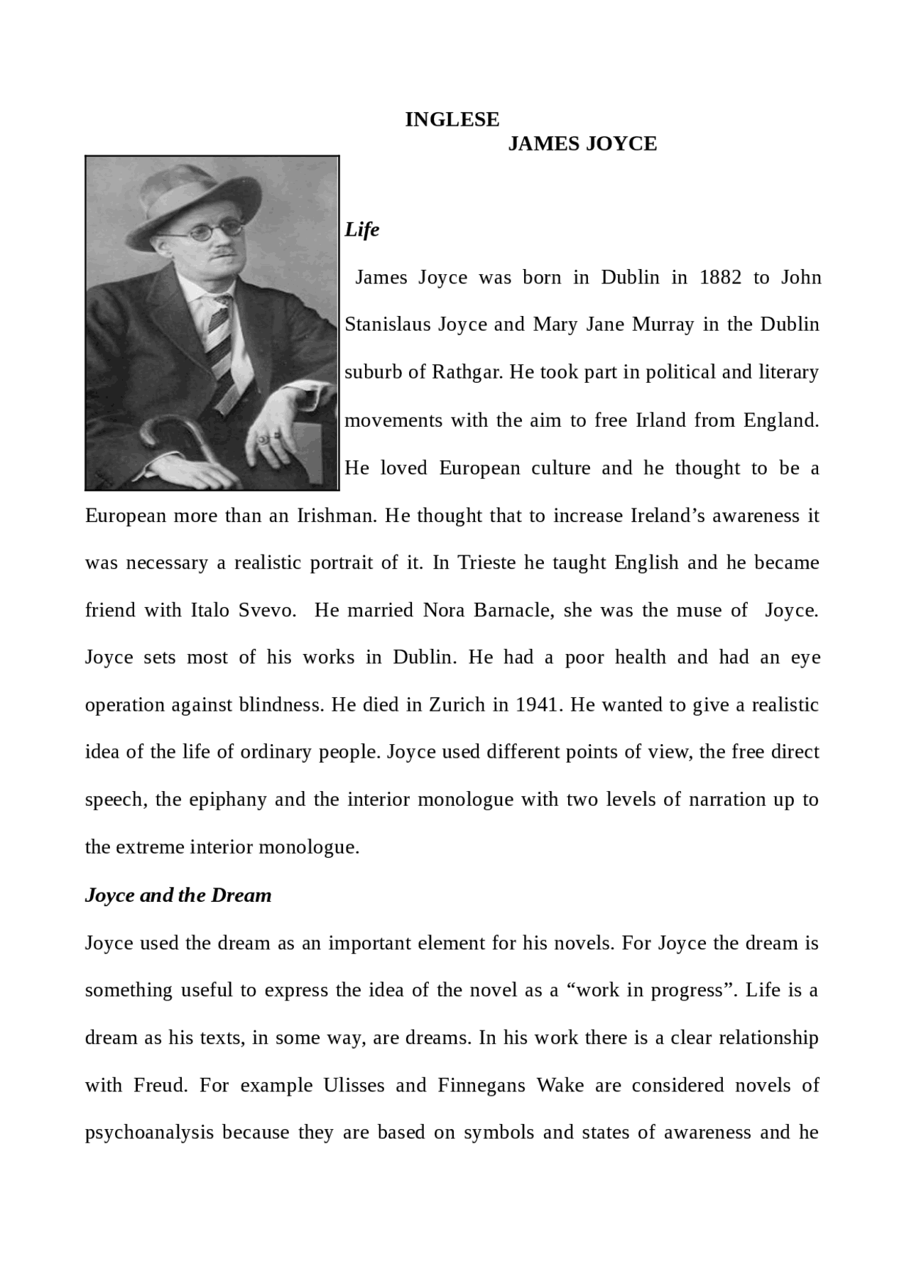 James Joyce And The Dubliners Docsity