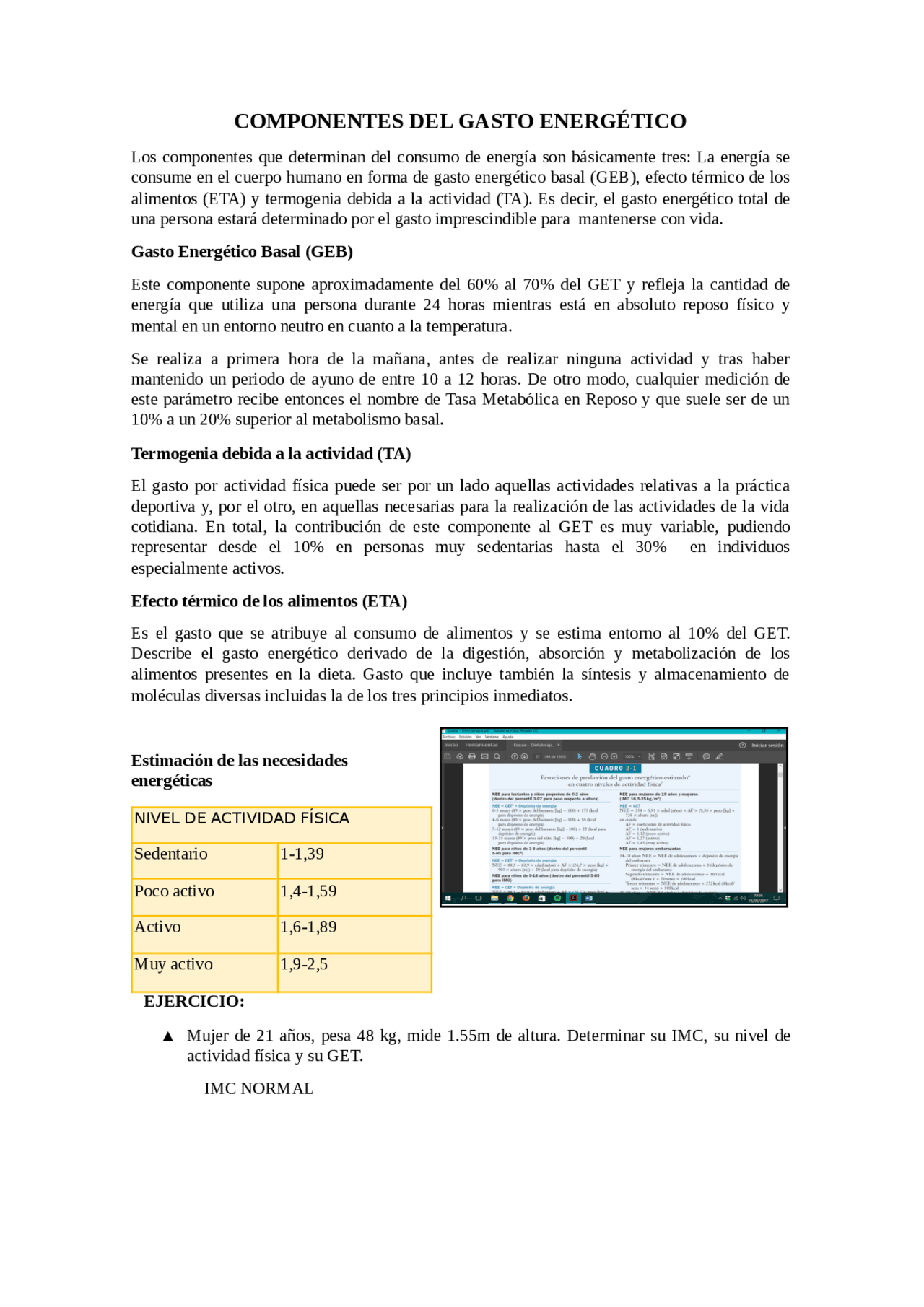COMPONENTES DEL GASTO ENERGÉTICO | Apuntes de Biología - Docsity