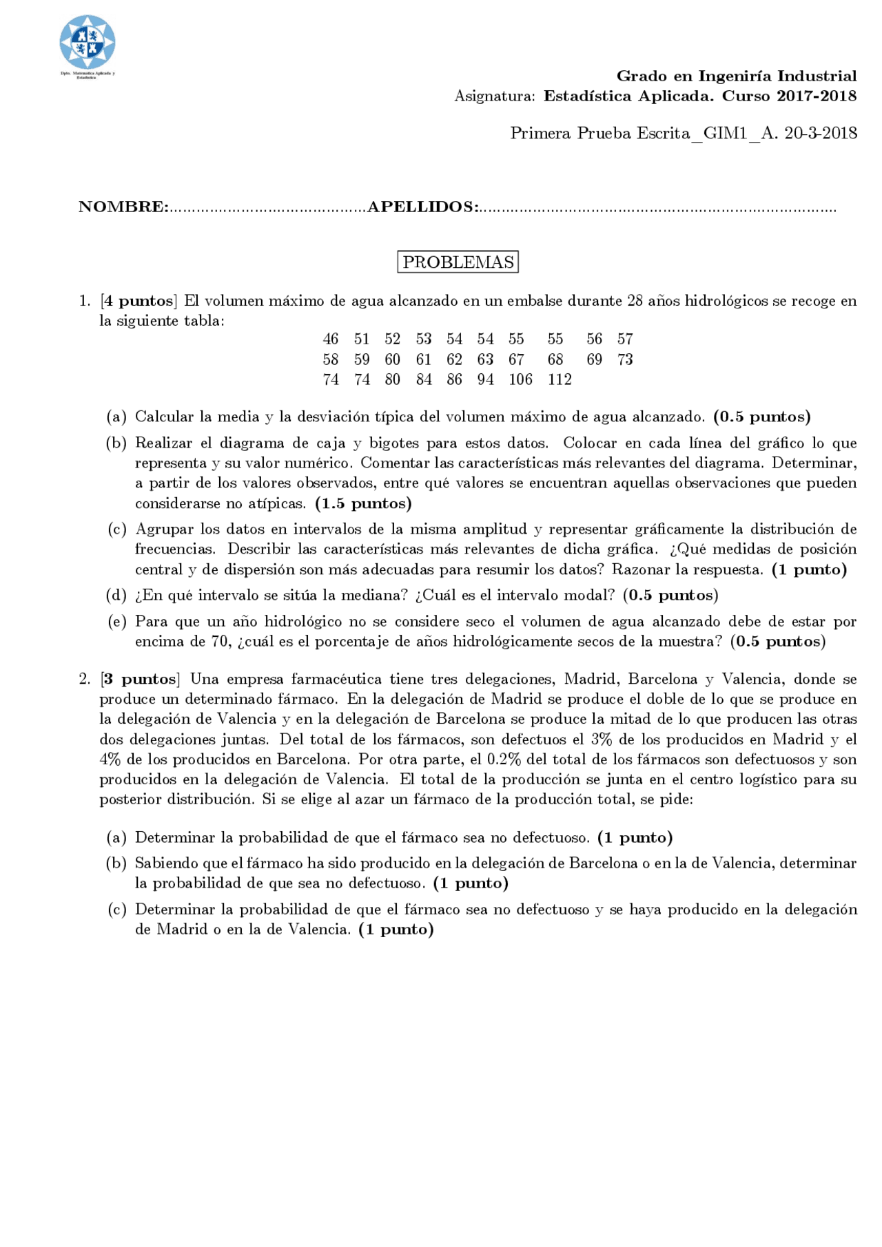 Soluciones Ejercicios Estadistica Aplicada 2017 2018 Docsity