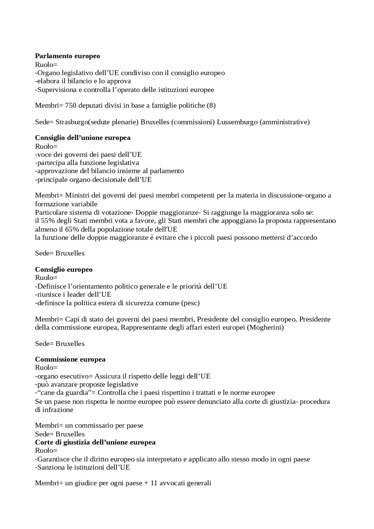 Riassunto Delle Principali Istituzioni Europee Docsity