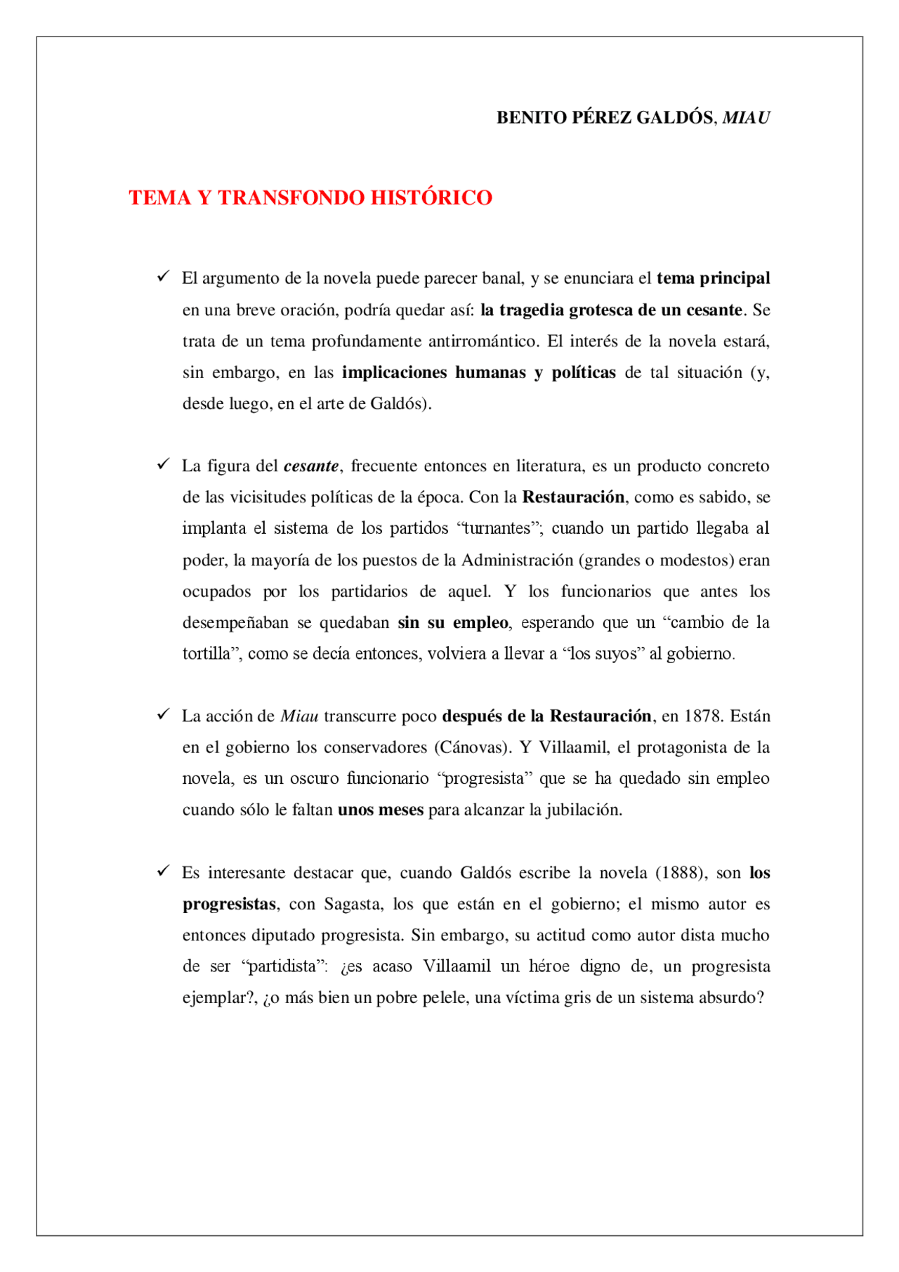 Novela Miau y su tematica - Docsity