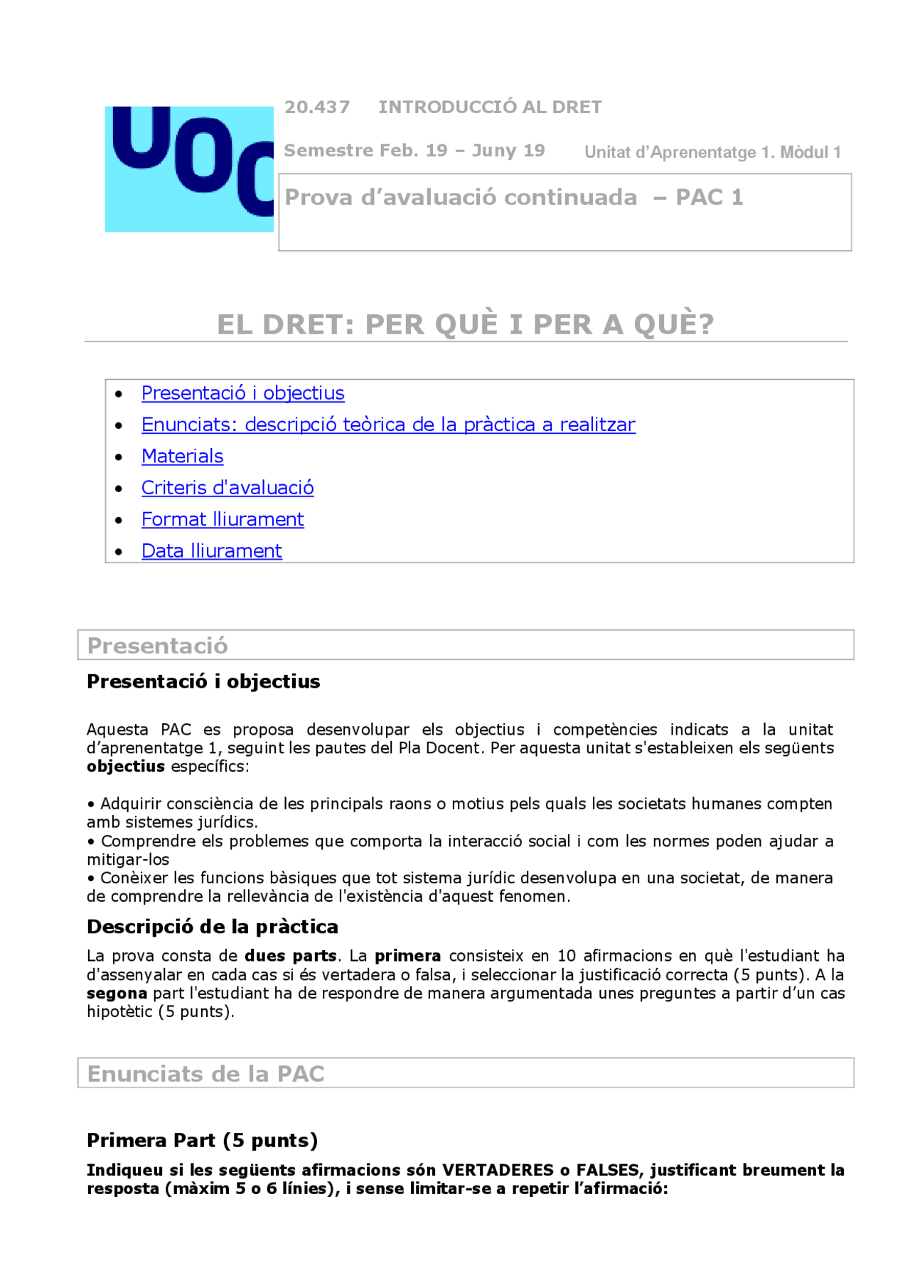 Pac 1 IntroducciÓ Al Dret Uoc Docsity