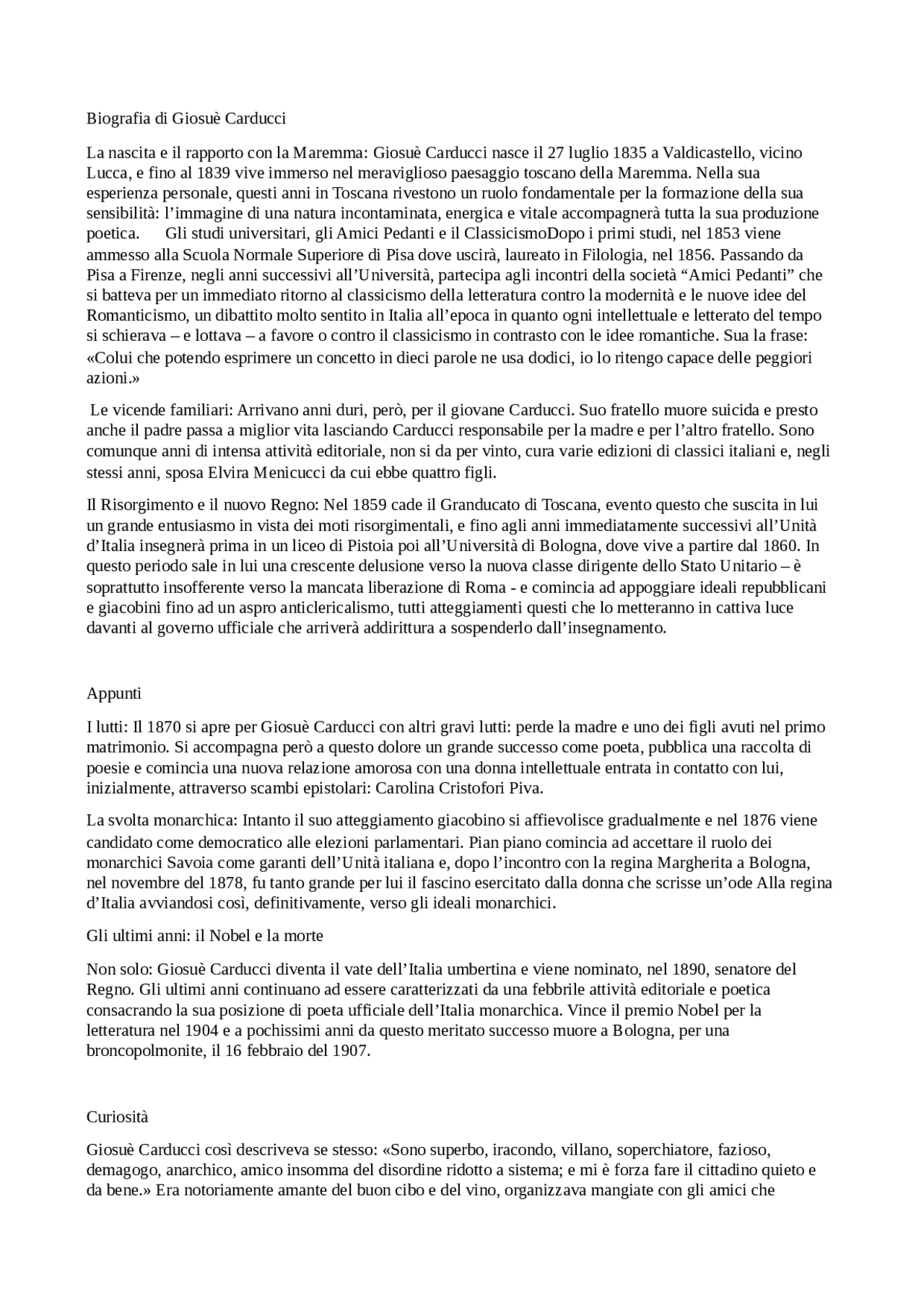 Giosuè Carducci Vita E Opere Docsity