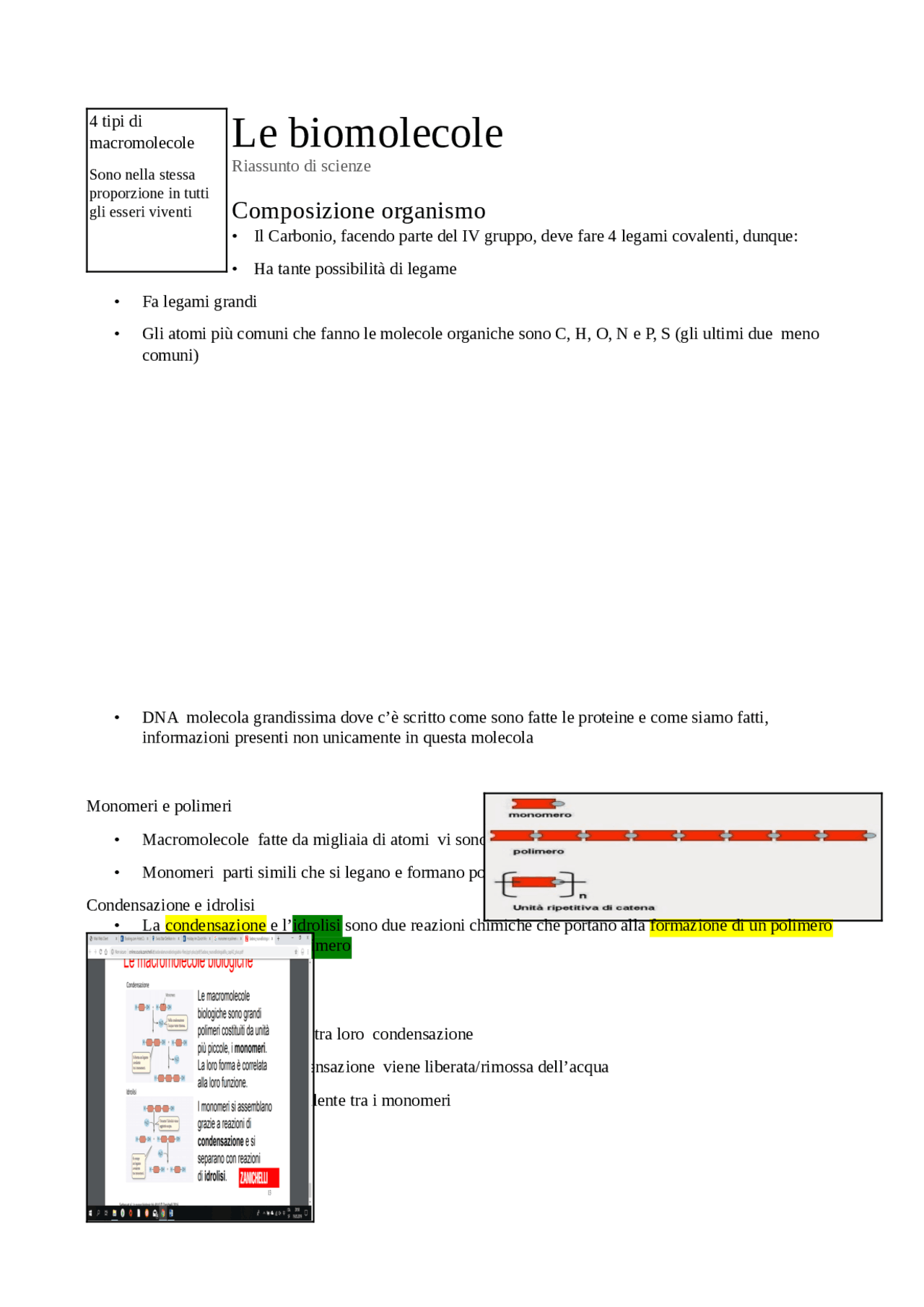 Le Biomolecole Biologia Docsity