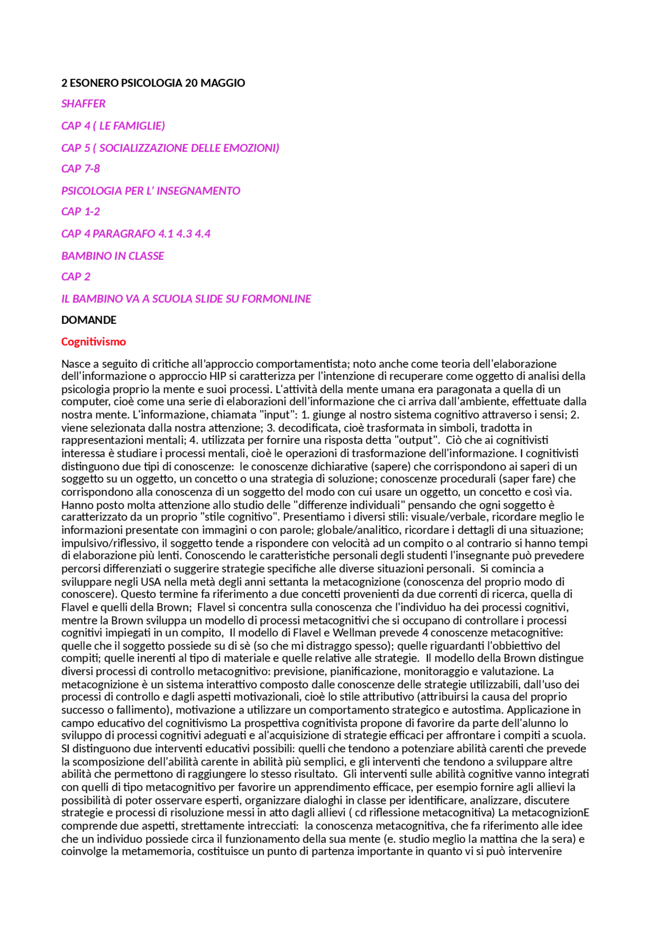 Psicologia Sperimentale Domande Risposte Docsity