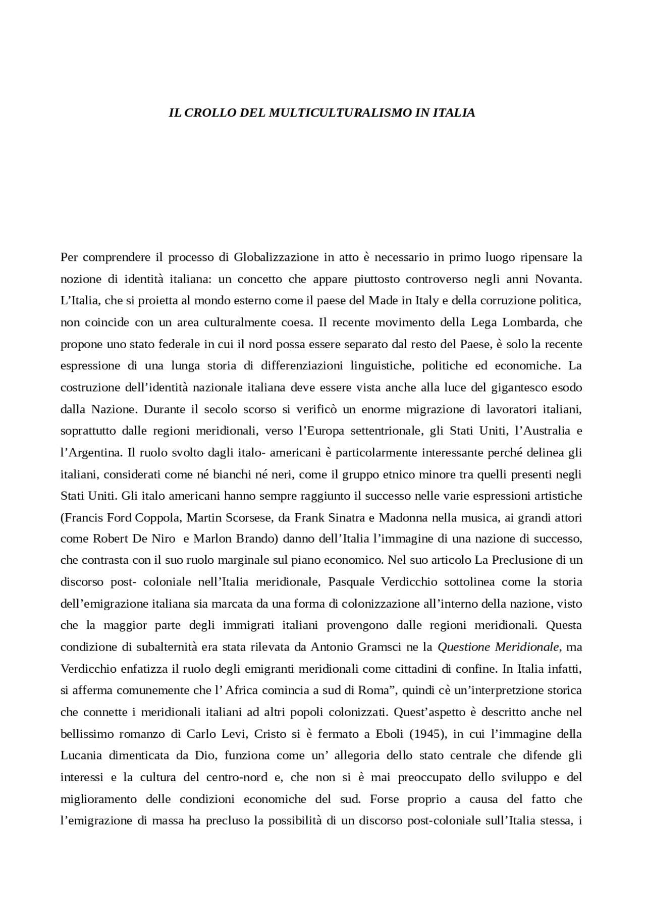 Il crollo del multiculturalismo in Italia - Docsity