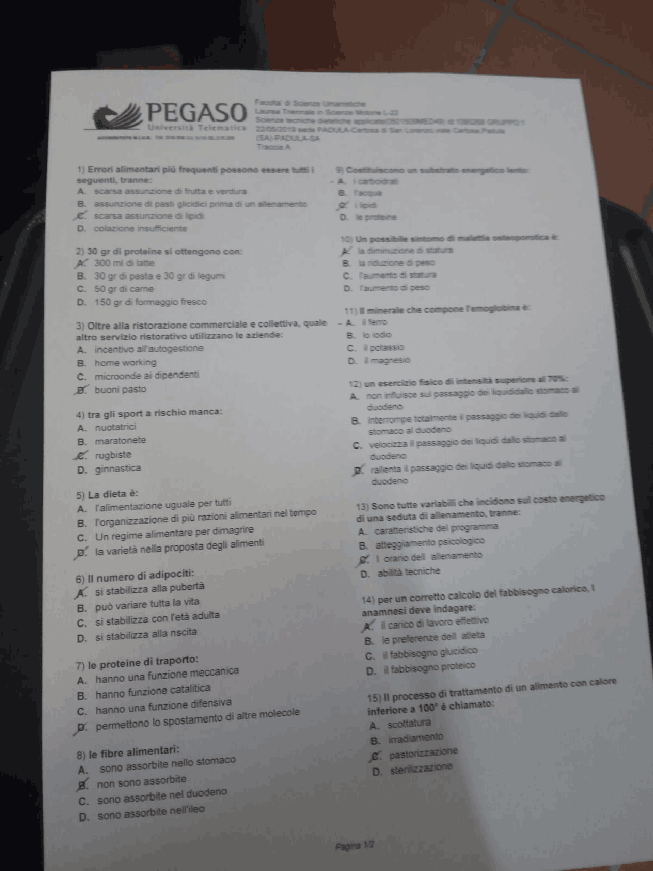 Prova Desame Scienze Tecniche Dietetiche Applicate 2019 Docsity