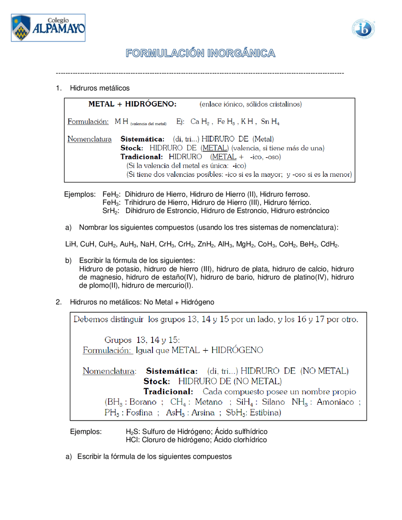 Ejercicios de formulación inorgánica - Docsity