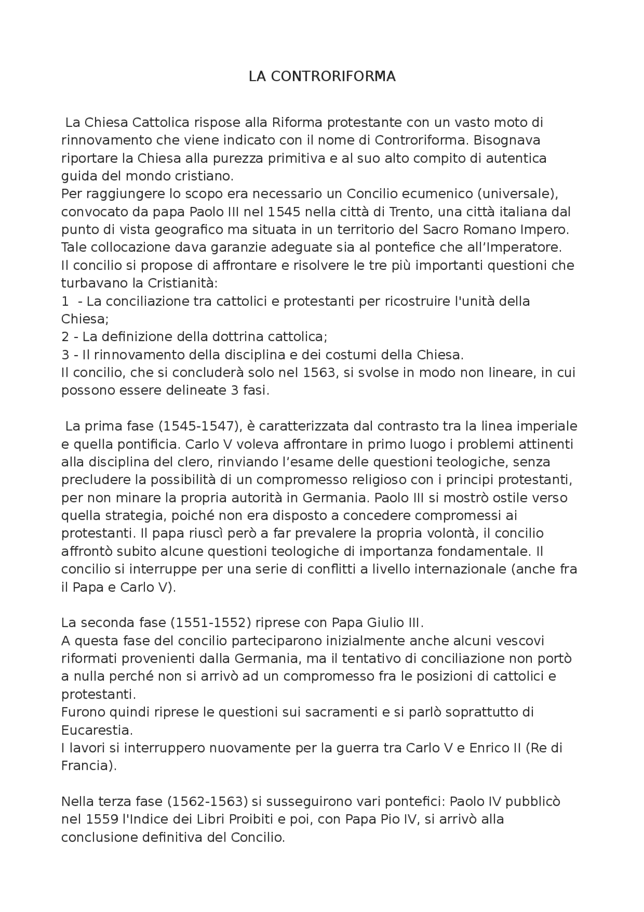 Sintesi Controriforma Docsity