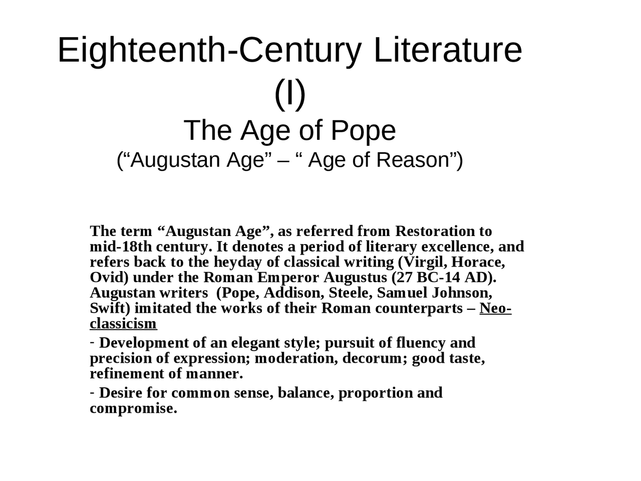 EIGHTEENTH CENTURY LITERATURE I - Docsity