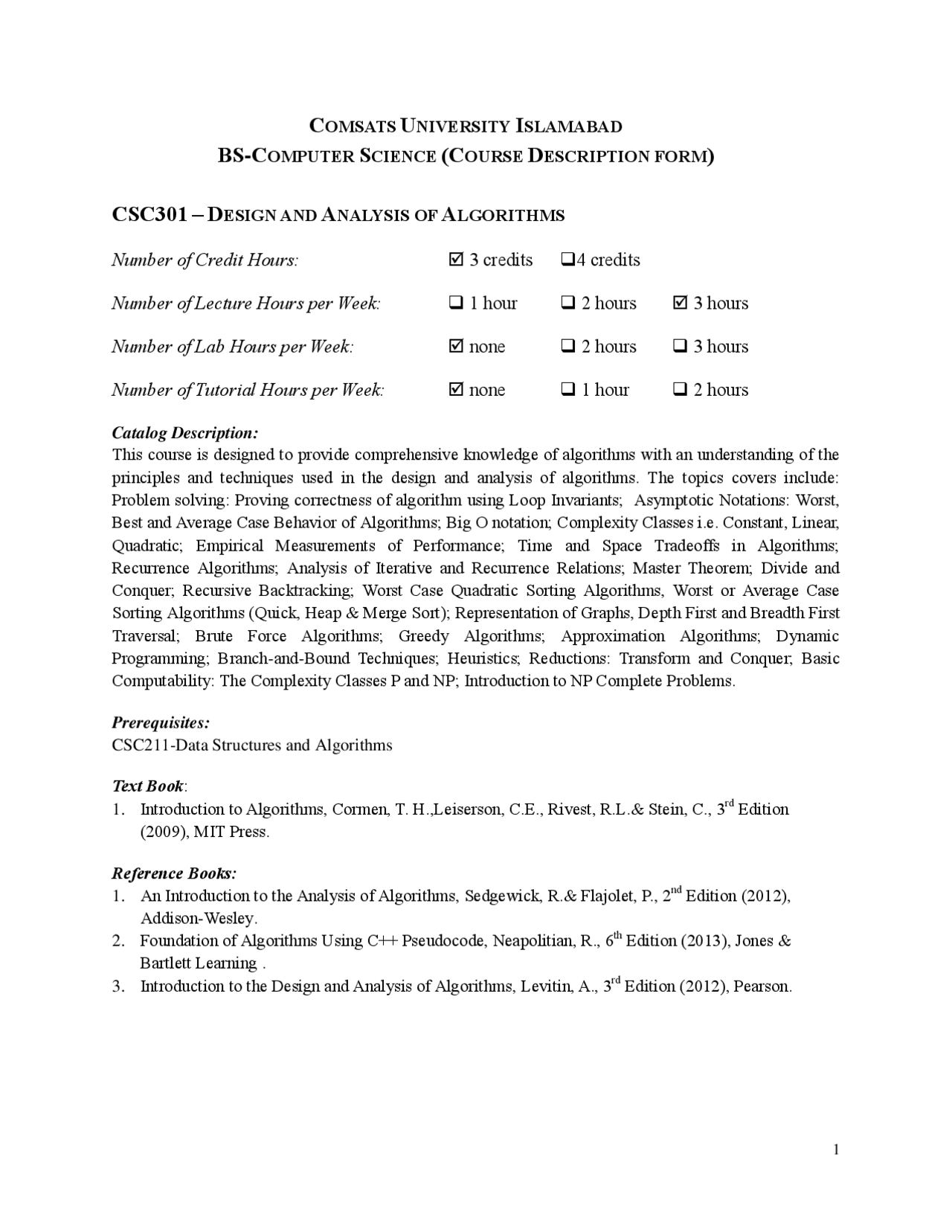 DEsign and Analysis Course Outline - Docsity