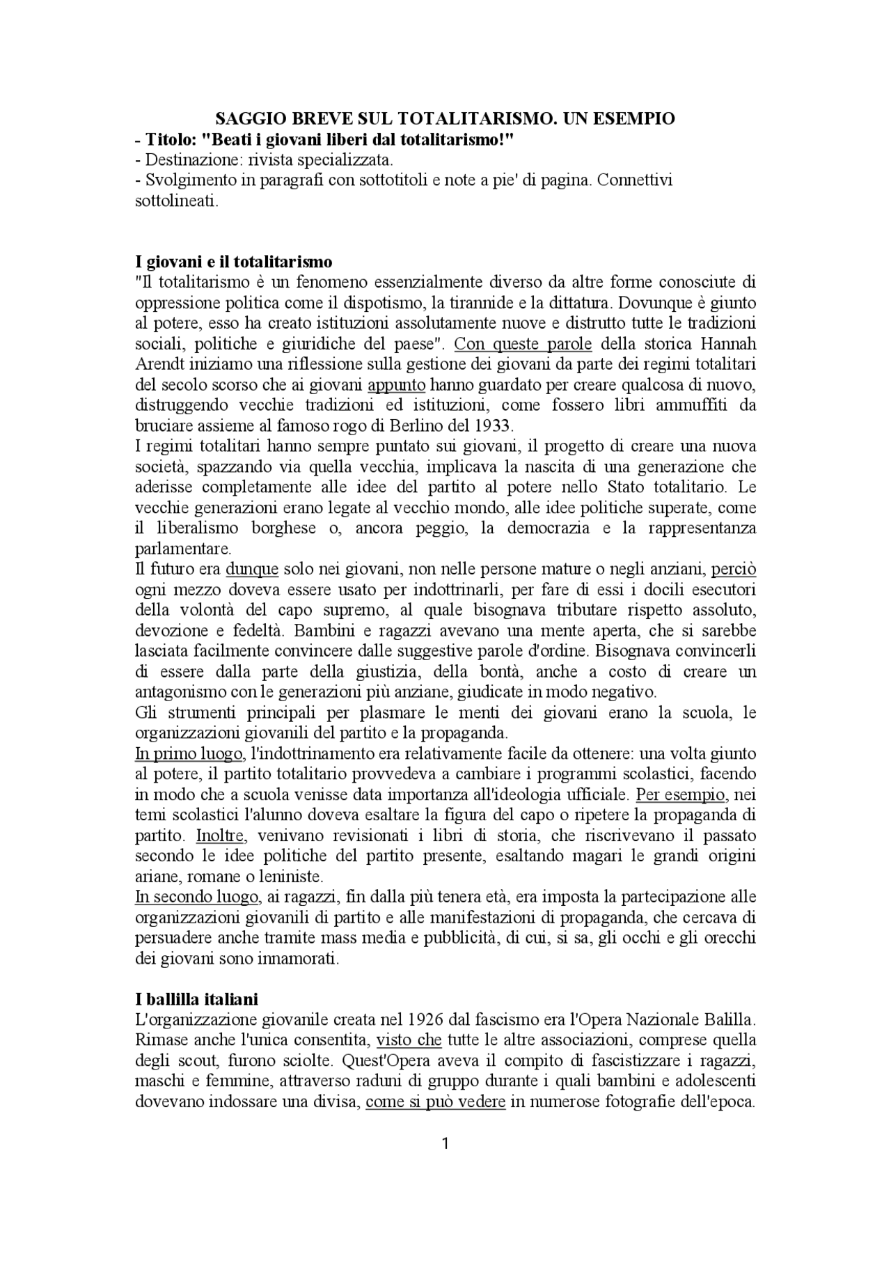 Saggio Sul Totalitarismo E Giovani Docsity