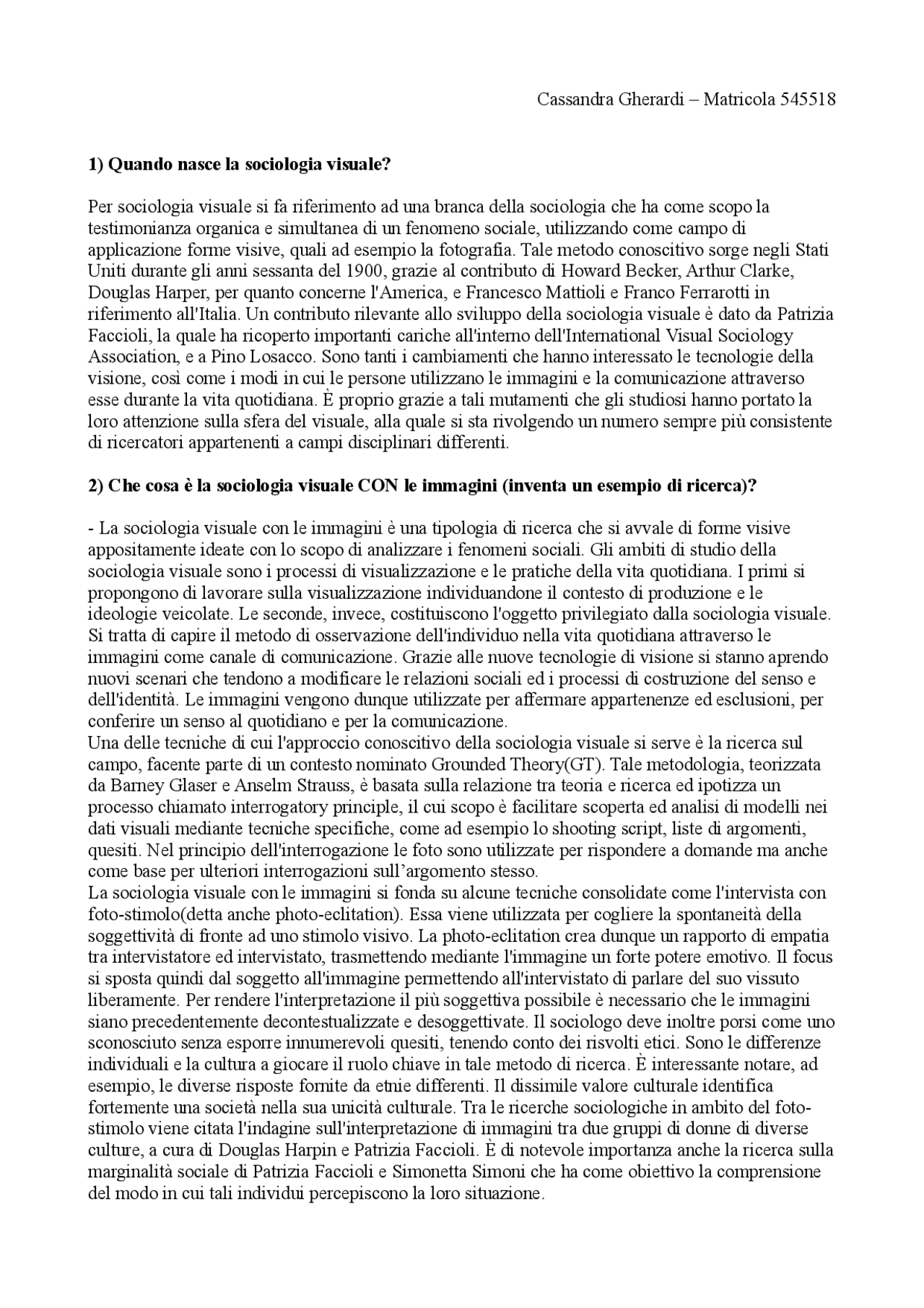 Sociologia Visuale Domande Docsity