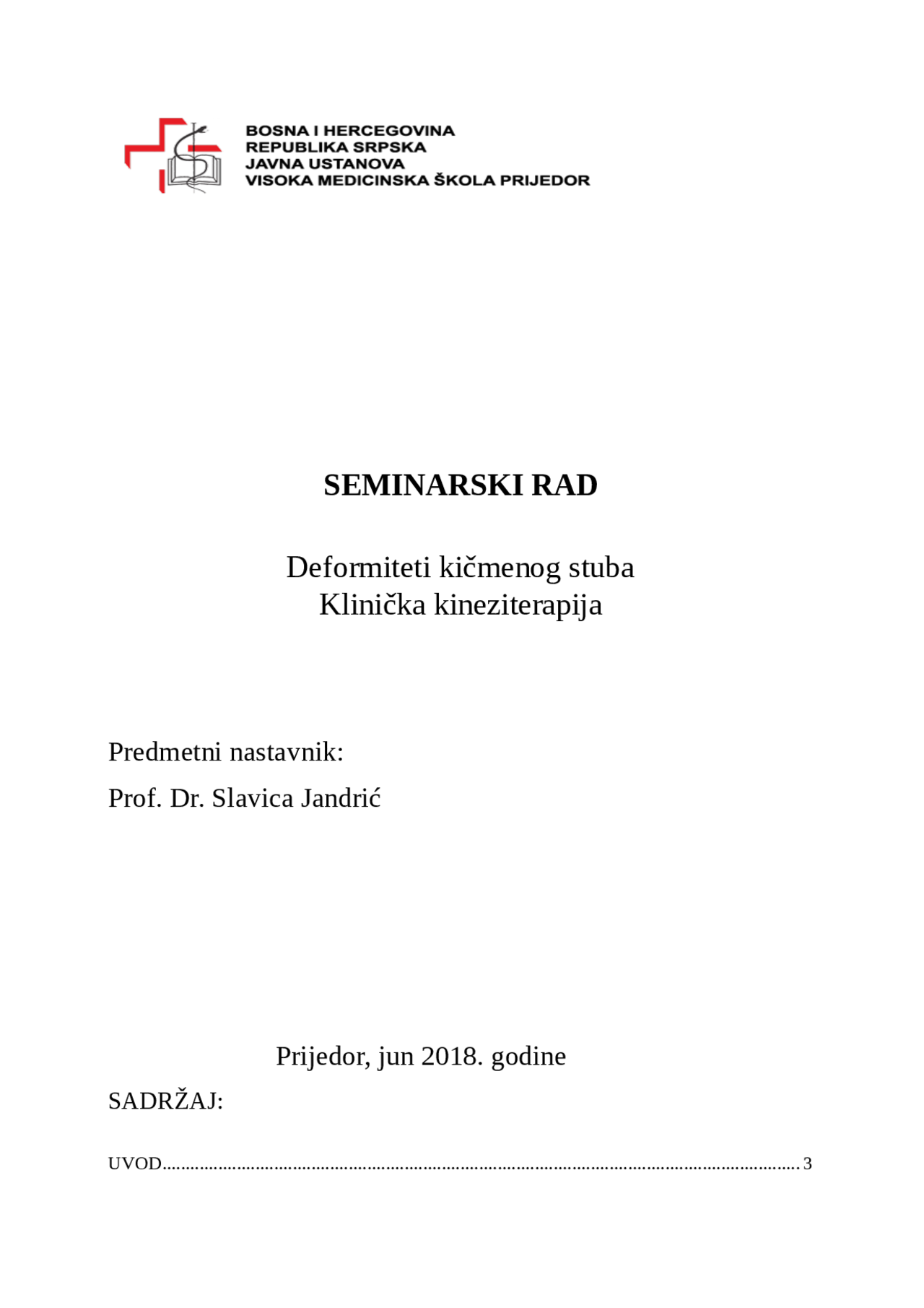 Deformiteti kicmenog stuba | Esej' predlog Medicinska genetika - Docsity